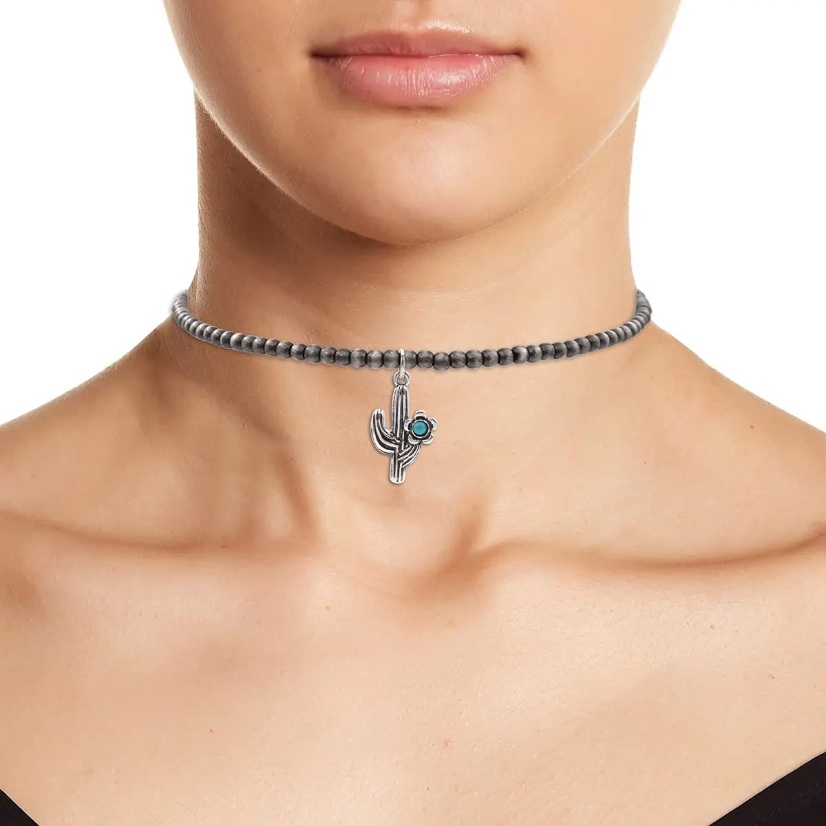 Turquoise Stone Silvertone Prickly Pear Cactus Pendant Faux Navajo Pearl Choker Necklace 12 Inch