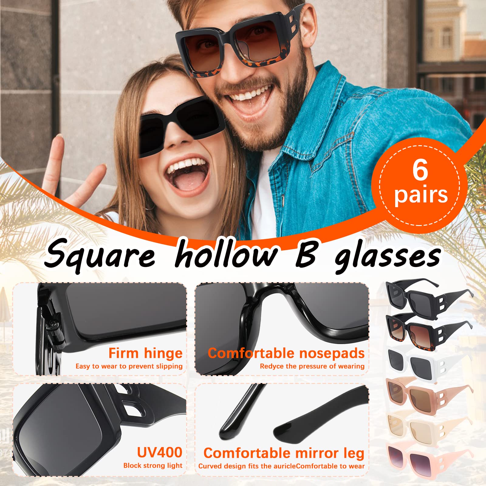 YQVIE 6 Pack Oversized Square Sunglasses Bulk for Women Men Trendy Gold B Frame Big Sun Glasses UV400 Protection (General B)