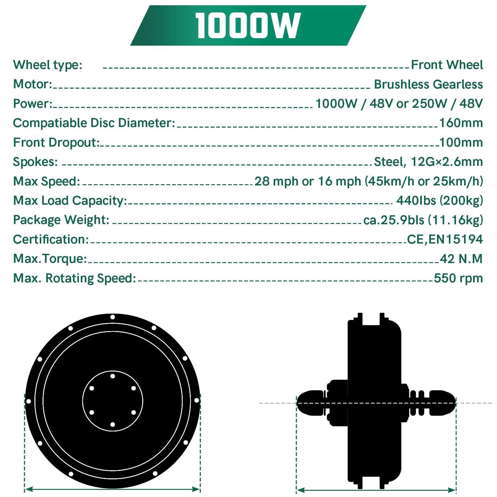 Voilamart 48V 1000W Electric Bicycle Conversion Kit 26IN Ebike 100mm Front Hub Motor Wheel Conversion Kit for Turn Pedal Bicycle Into Ebike (26IN Front Wheel with LCD)