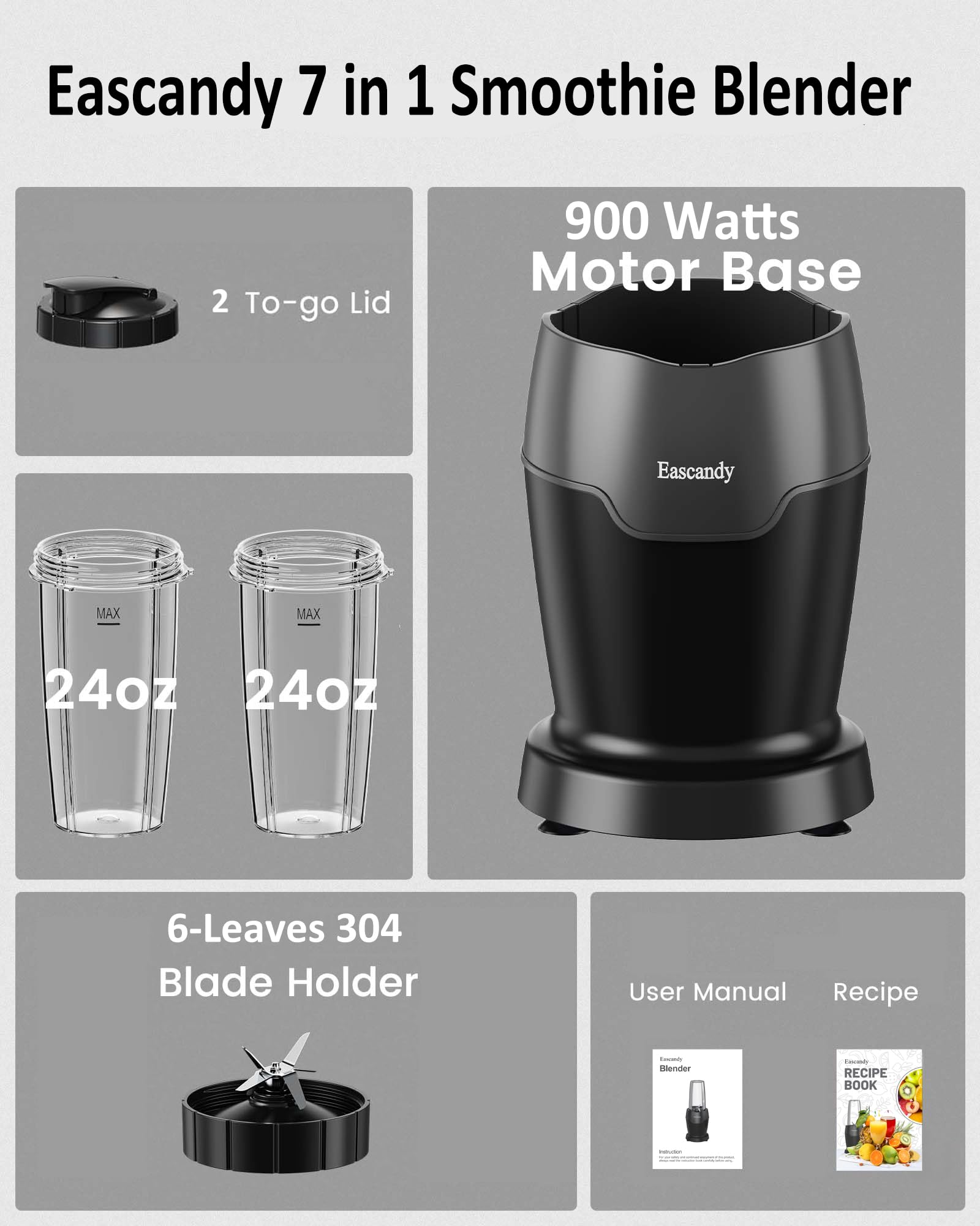 Real 900 Watts Smoothie Blender for Shakes and Smoothies, 7 in 1 Set Personal Blender, Germany 3D Stainless Steel 6-Leaves Blades Smoothie Maker with 2 Pieces 24 OZ Tritan Sport Cups