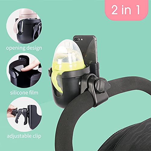 Queta 2-in-1 Universal Bottle & Phone Stroller Cup Holder Phone Holder, 360 Degree Rotation Adjustable Cup Holder for Wheelchair, Walker, Rollator etc