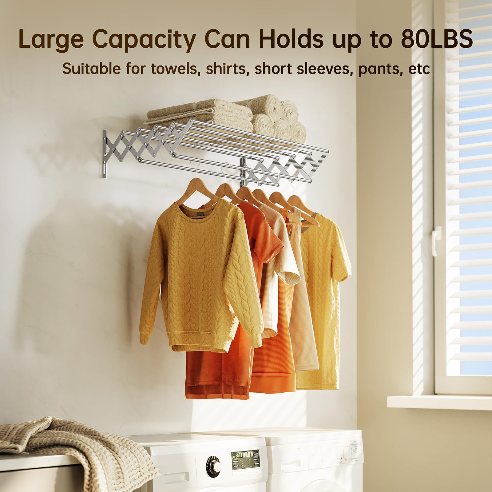 MrToNo Wall Mounted Clothes Drying Rack, Rustproof Accordion Retractable Drying Rack for Laundry Room/Bathroom Tower,Easy to Install with 7 Drying 31.5-inch Rods, 80 lbs Large Capacity