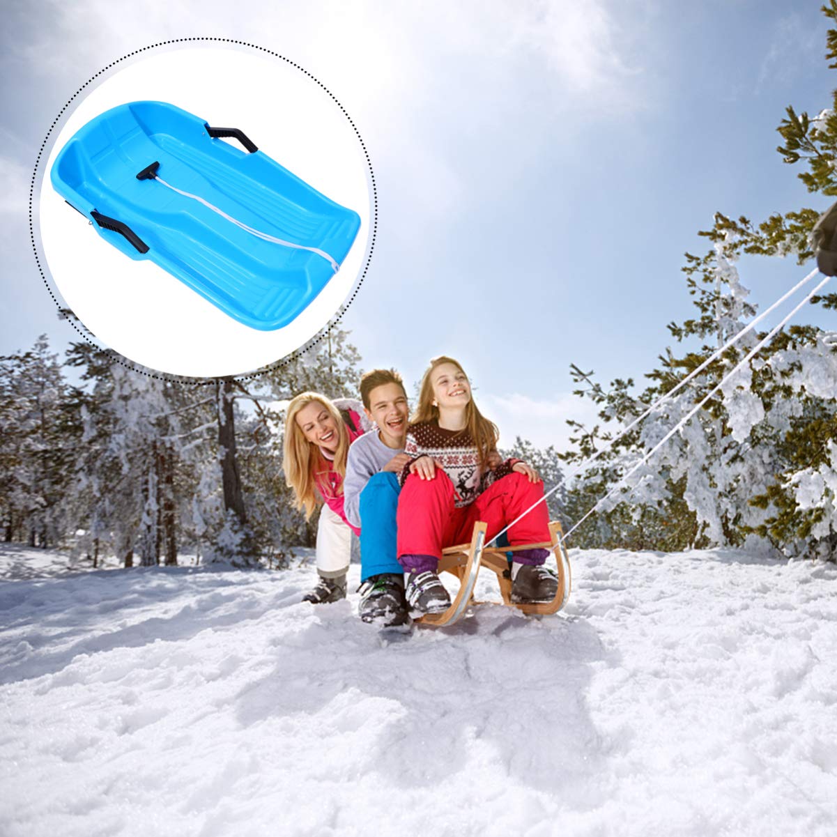 Snow Sled Downhill Toboggan Plastic Winter Snow Saucer Snow Slider Disc Board with Handle for Adults