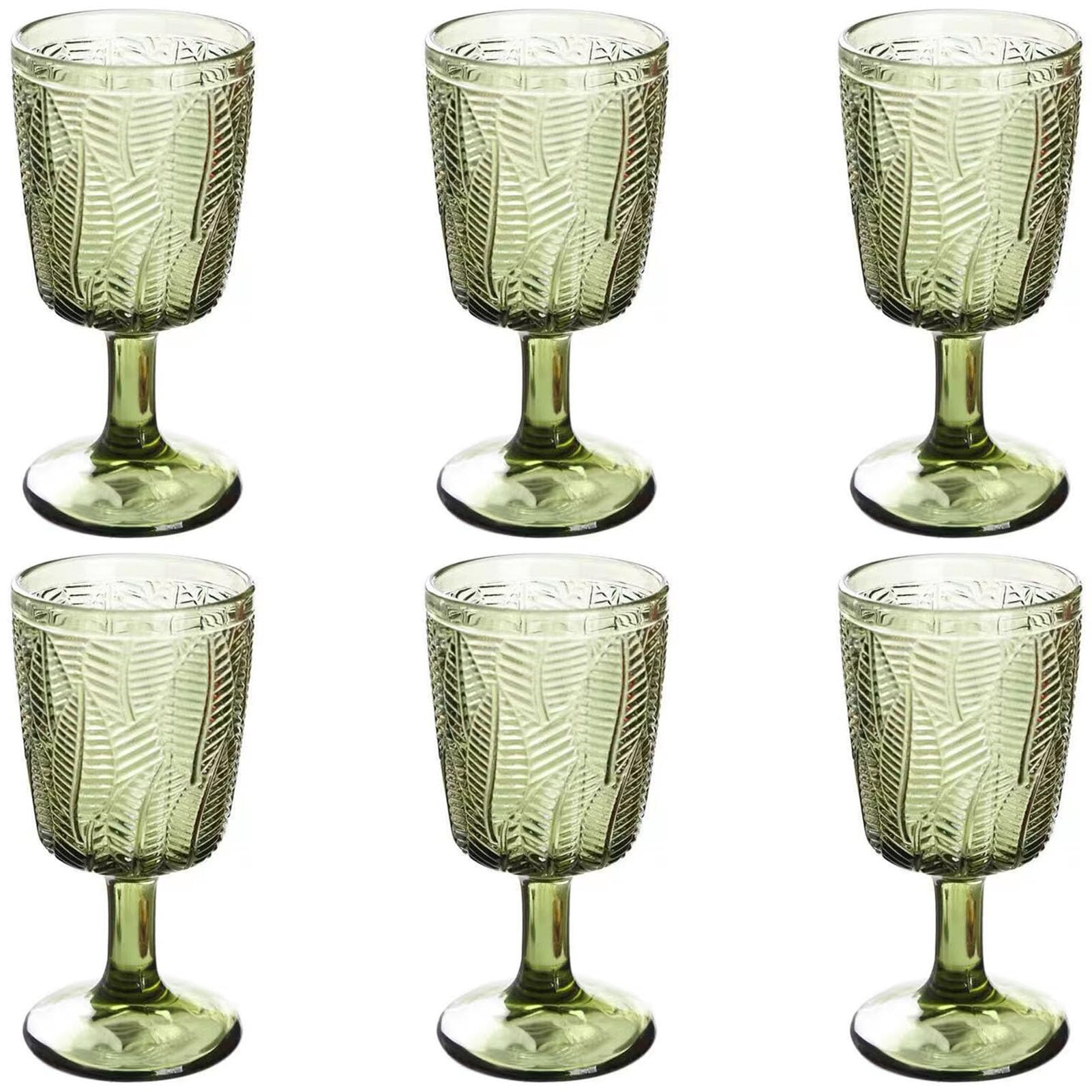 Taganov Green Drinking Glasses set of 6 Embossed Wine Goblets Vintage Colored Glassware 11 OZ Pretty Stemmed Cup for Wedding Party Bar