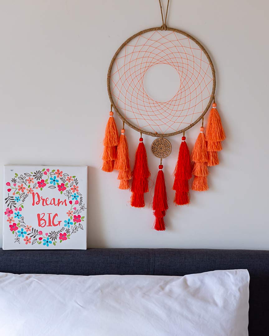 Now Is Now Boho Fall Autumn Rustic Urban Vibrant Wall Decor Amber Tassels Web Dream Catcher Hanging Height 23.6 in (60 cms),