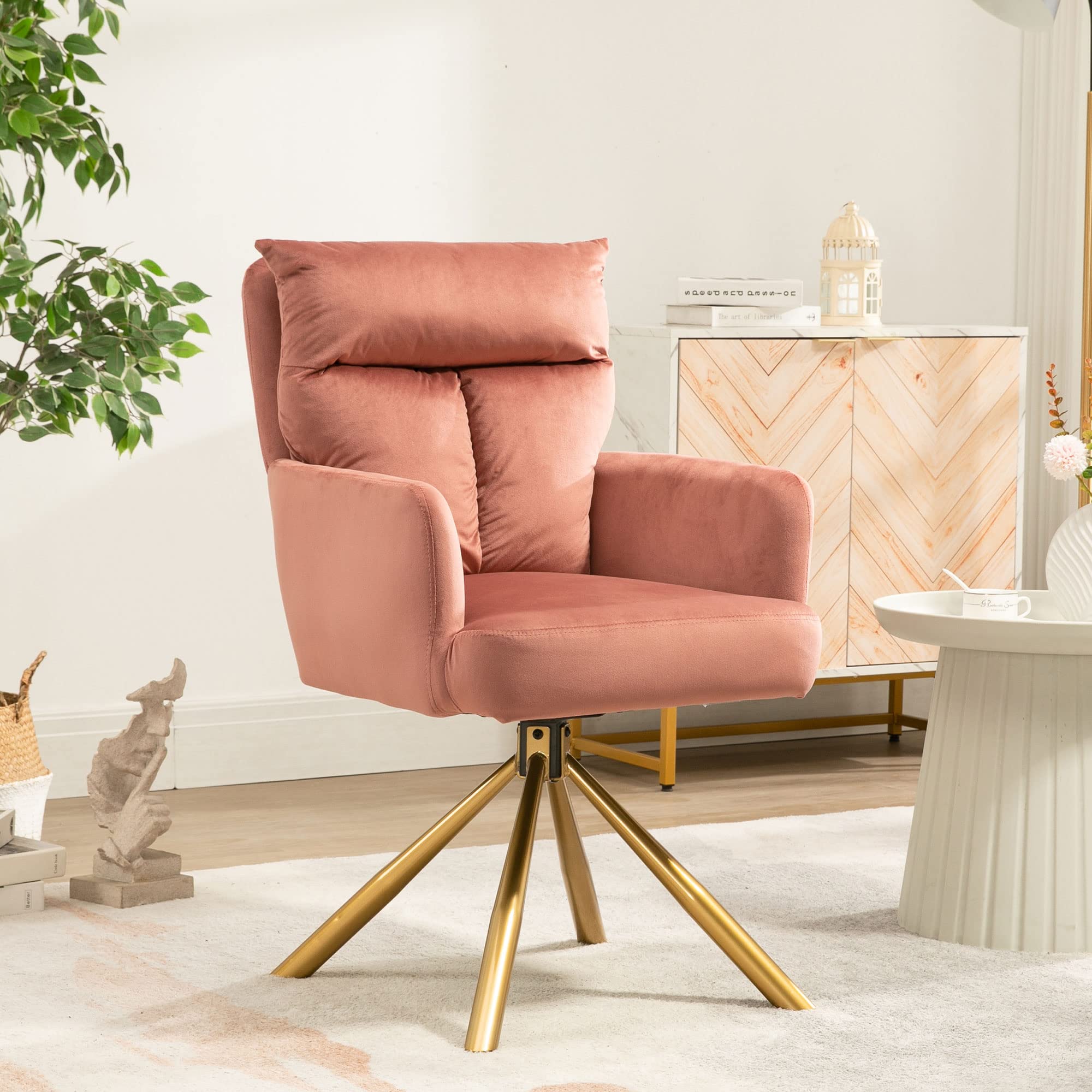 NORDICANA 180° Swivel Velvet Living Room Chair Modern Dining Armchair with Golden Legs Ergonomic Upholstered Accent Chair Single Sofa for Bedroom Reading Home Office, Rose Pink