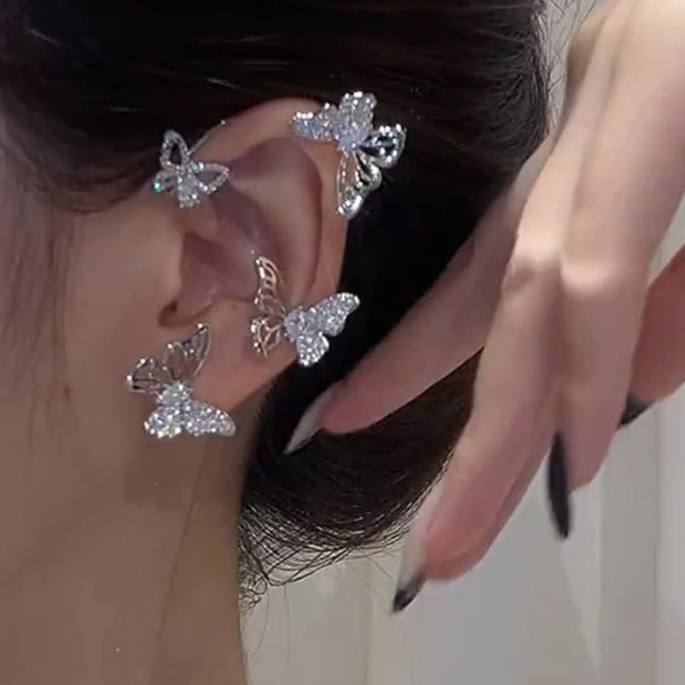Wiwpar Butterfly Ear Clips for Women Butterfly Ear Cuffs Earrings Dainty Rhinestone Wrap Earrings Fairy Earrings for Girls