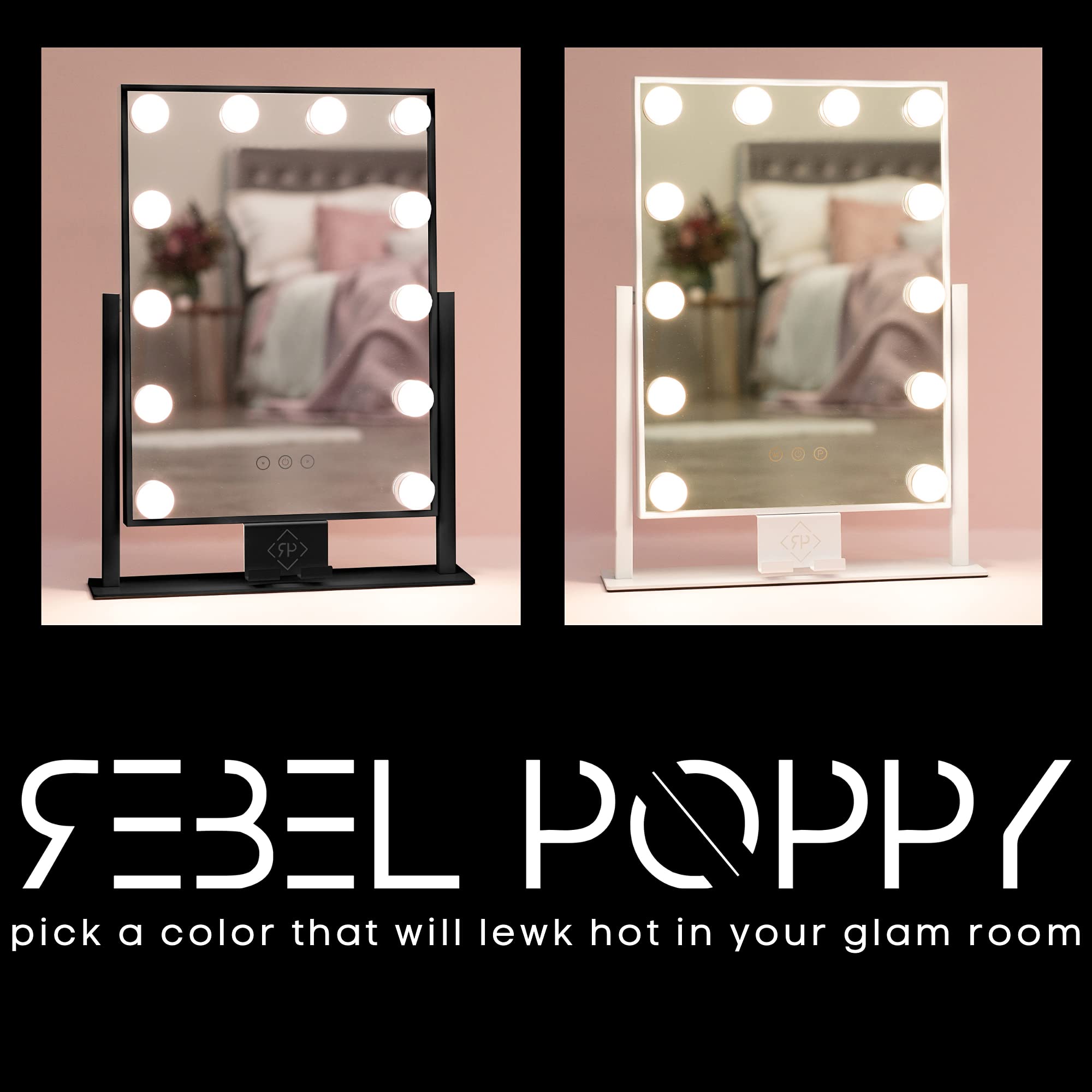 REBEL POPPY Vanity Mirrors with LED Lights - Phone Mount, 3 Lighting Touch Control, 18.5β x 14.8β, Fogless - Hollywood Lighted Makeup Mirror (White)