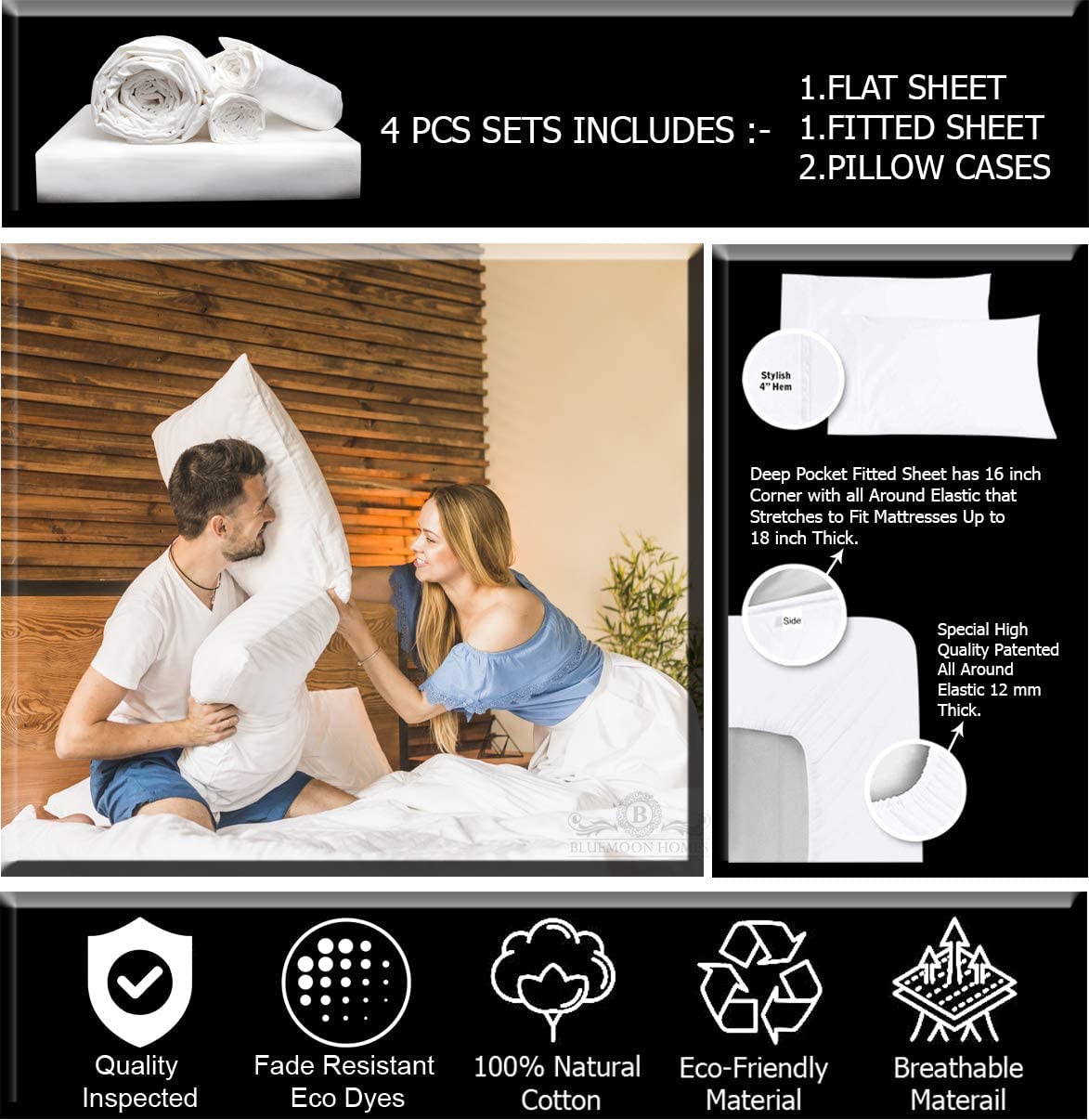 Thread Bond 100% Egyptian Cotton Bed Sheets ,White Queen Sheets Set, 600 Thread Count Bedding and Pillowcases (2pcs), Deep Pocket Queen Size Sheets , Egyptian Cotton Sheets for Queen Size Bed