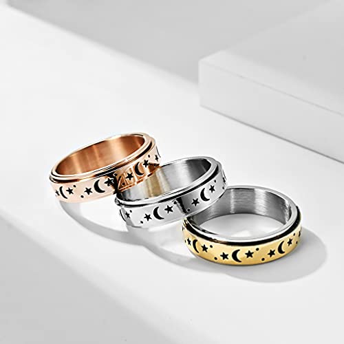 WLPCIV Stainless Steel Spinner Ring for Women Men Fidget Bands Anxiety Rings Relieving Stress Moon Star Engagement Wedding Promise Band Rings, Silver Size 6