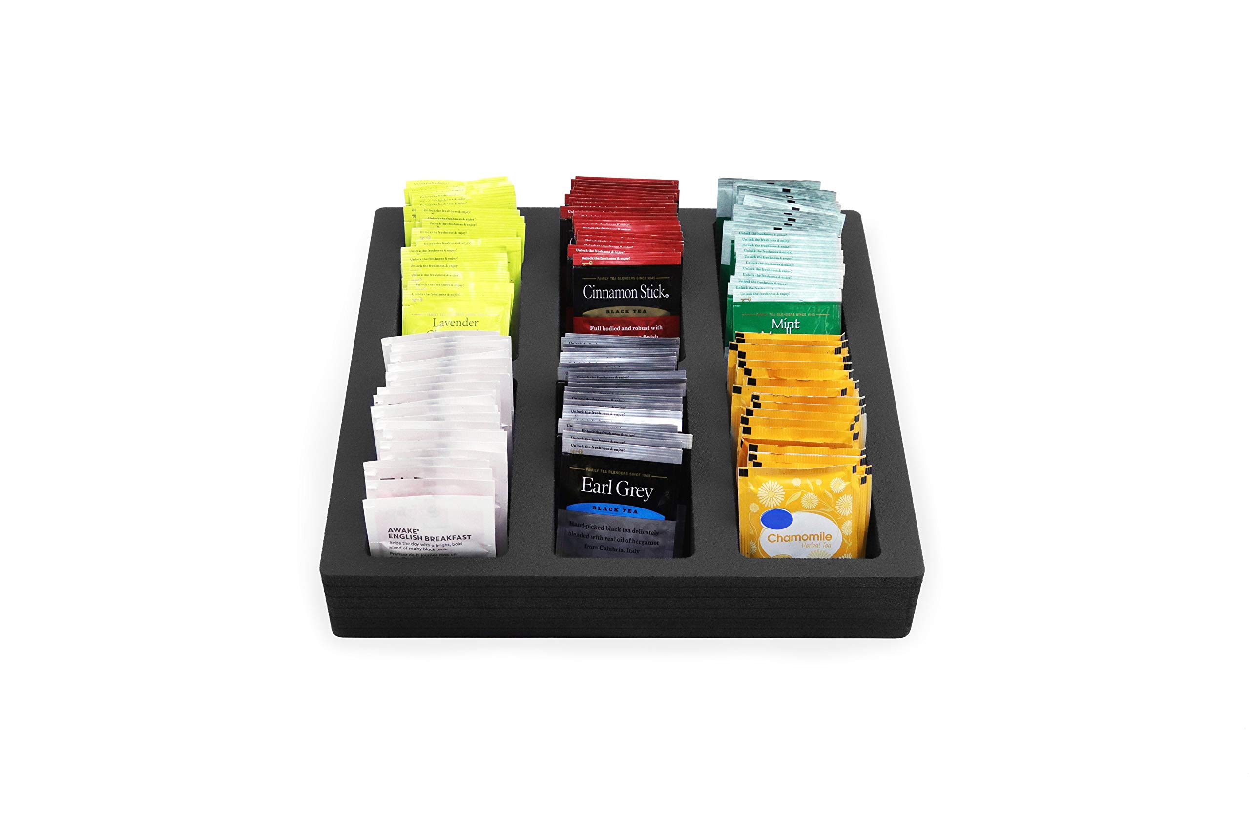 Polar Whale Tea Bag Storage Deluxe Organizer Tray Drawer Bin Insert for Kitchen Home Office Condiments Packets Waterproof Washable Black Foam 6 Compartment 12.5 X 12.5 Inches