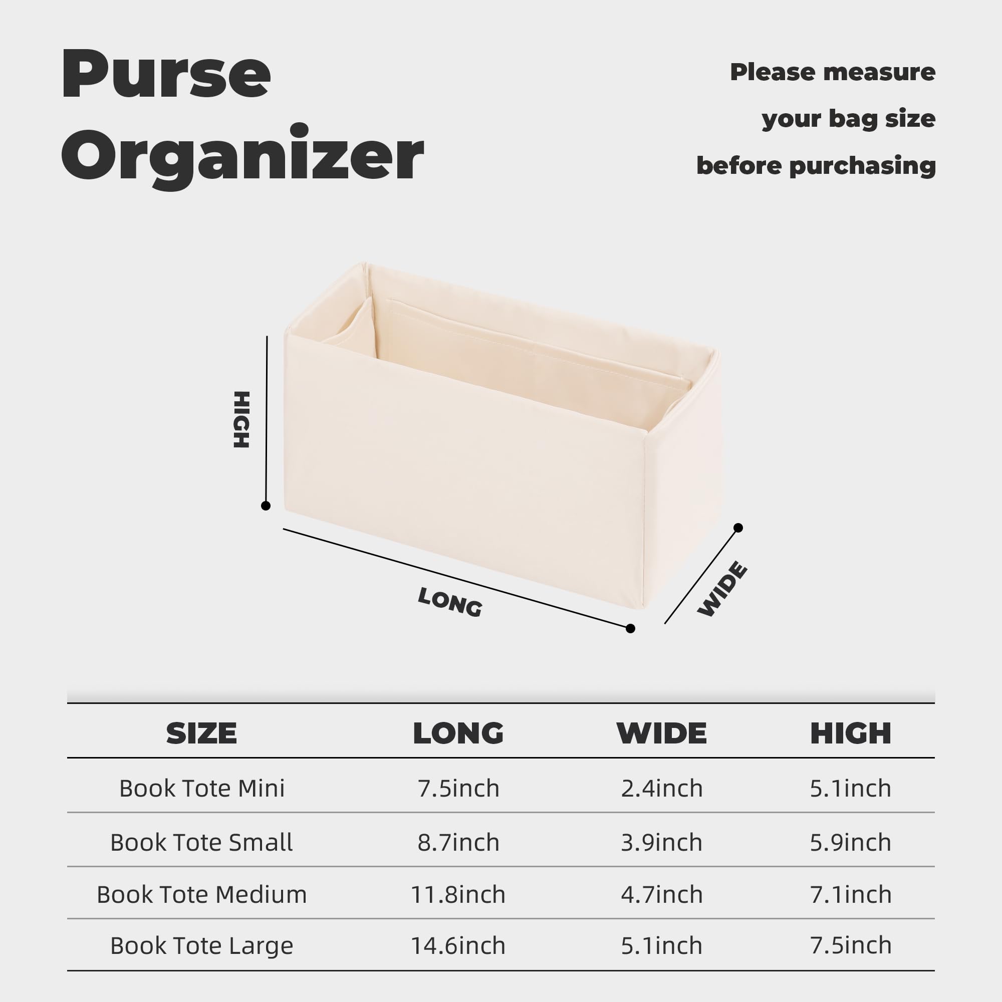 XYJG Purse Handbag Silky Organizer Insert Keep Bag Shape Fits Booktote Mini/Small/Medium/Large bags, Luxury Handbag Tote Lightweight Sturdy(Craie,Booktote Medium)