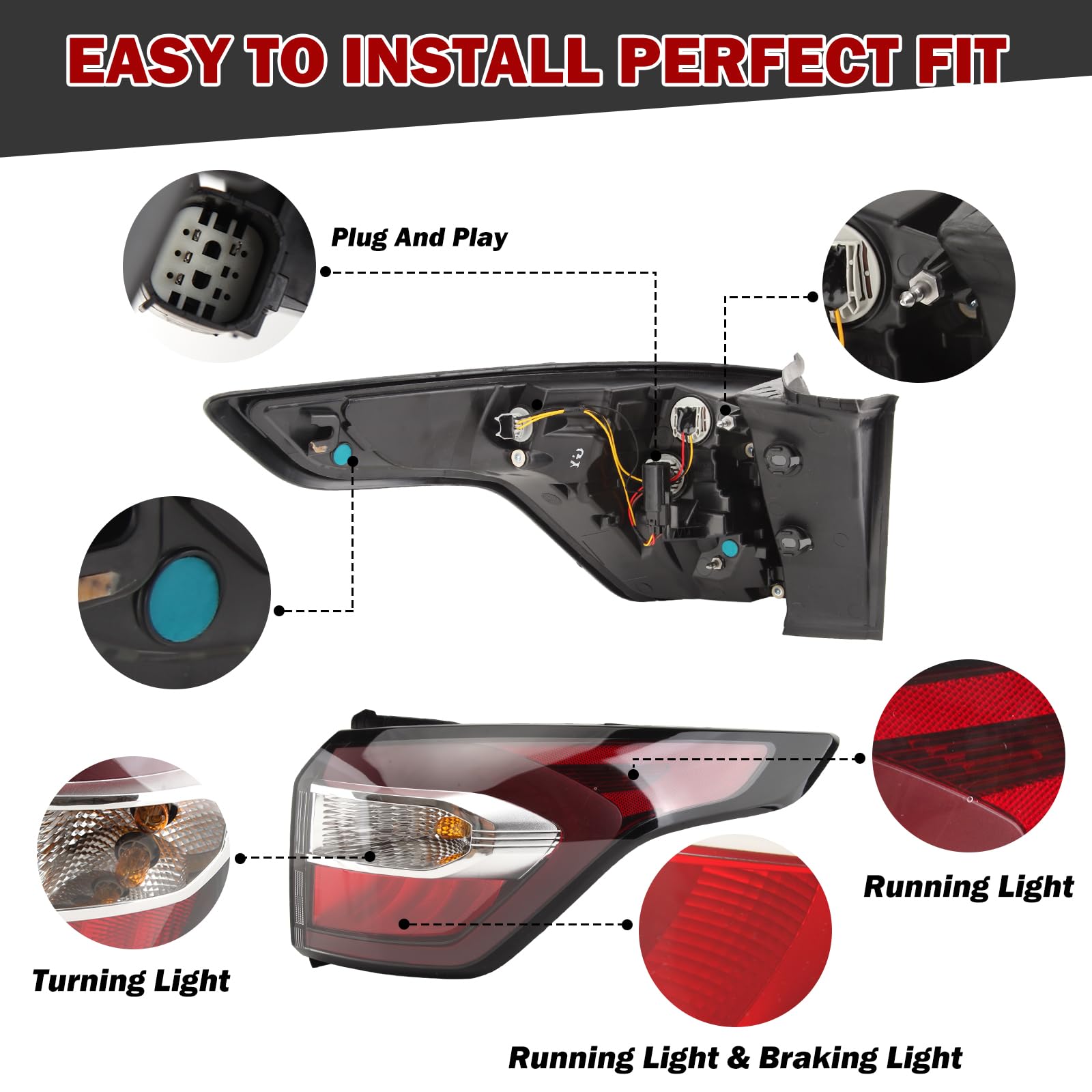 MZORANGE Outer Tail Light Blub Brake Rear Lamp Stop Indicator Light For Ford Escape Kuga 2017 2018 2019 With side lights (Right Passenger Side)