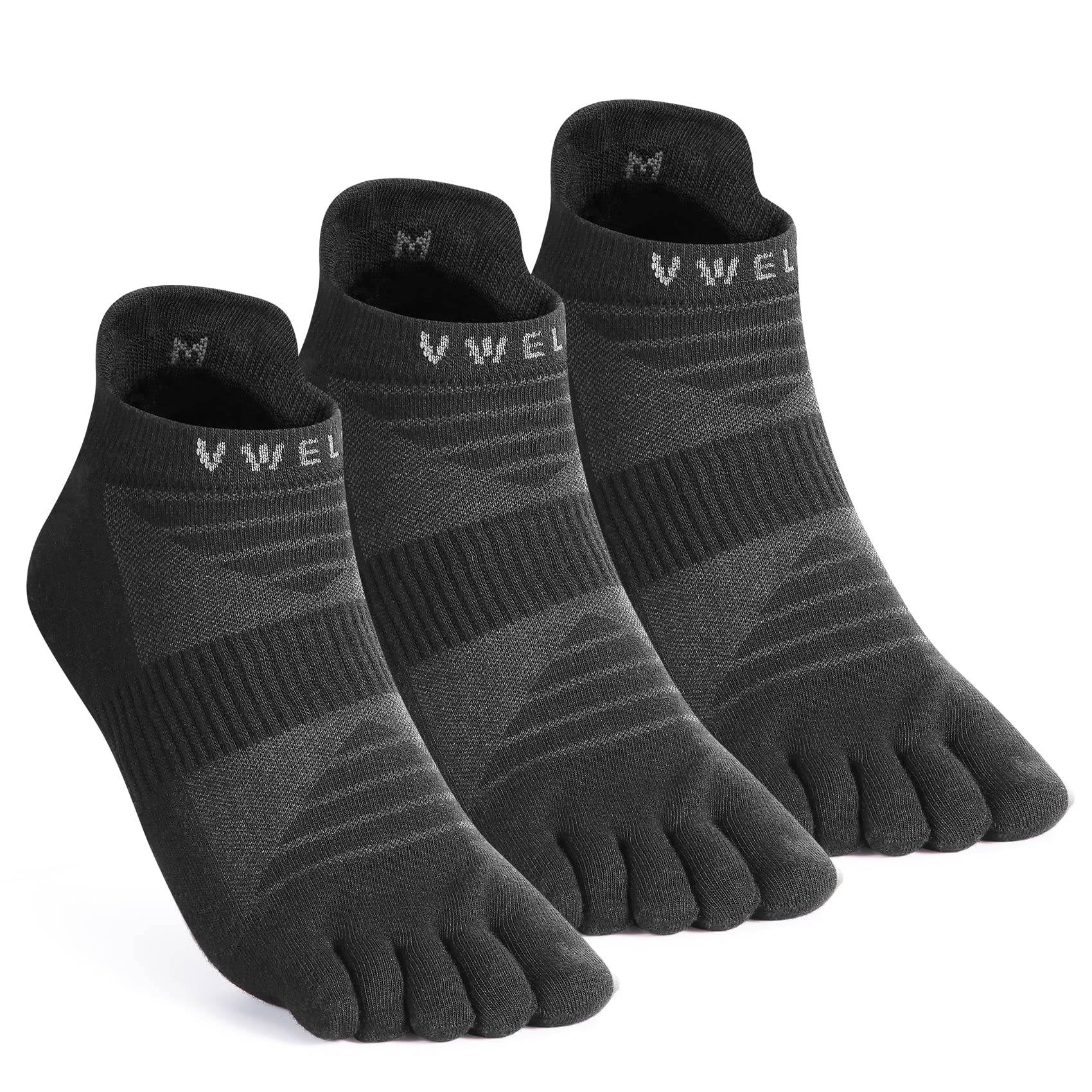 VWELL Toe Socks for Men Women Coolmax Five Socks, High Performance Finger Ankle Running 5 3 Pairs, Black, 7-10