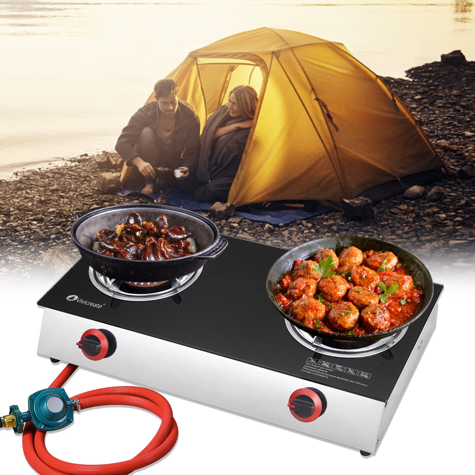 Vivicreate Camping Camp Range Chef Griddle Outdoor Kitchen Garden grill propane gas two Glass top low pressure cook Stove Burner estufa Quemador cusina