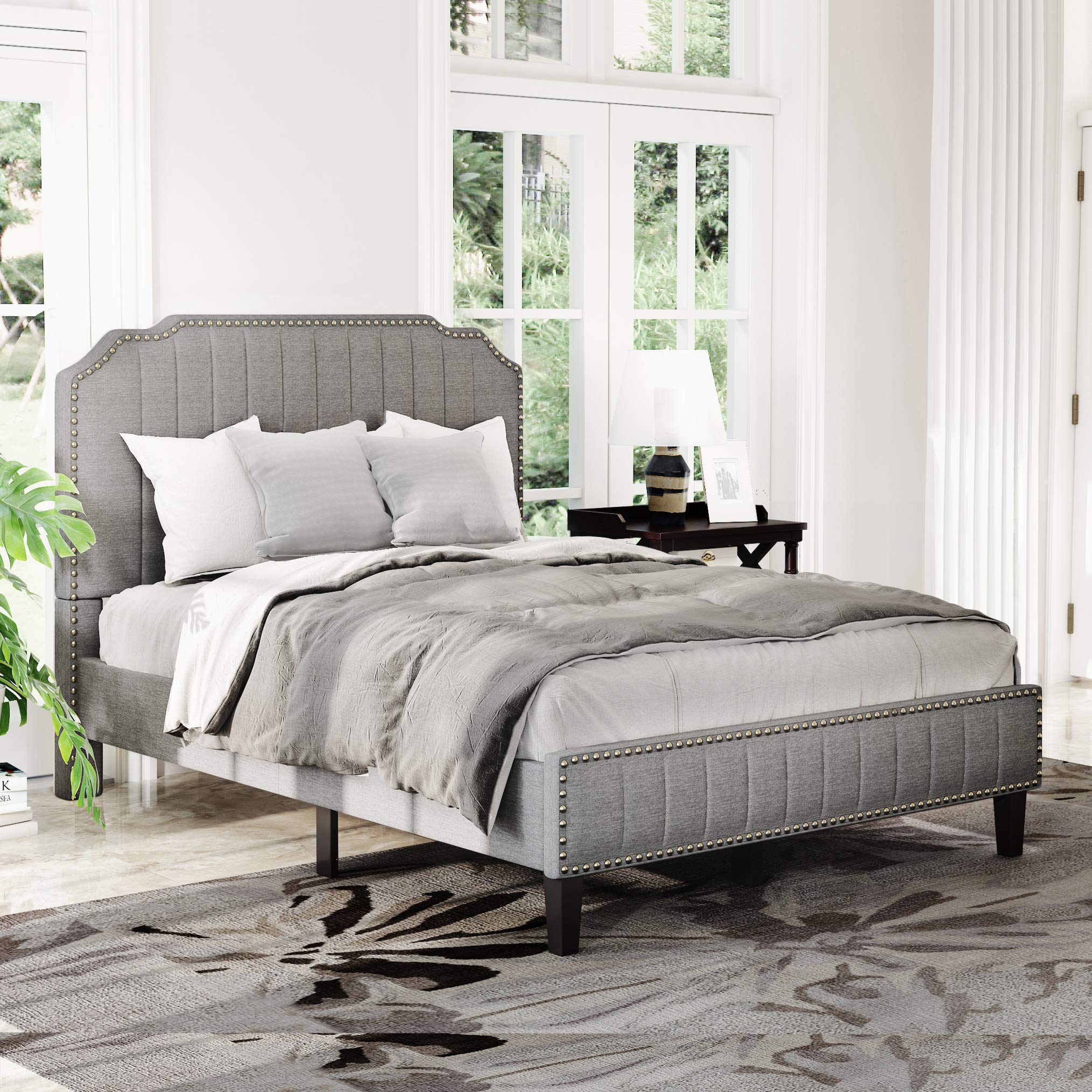 Tmosi Queen Size Upholstered Platform Bed Frames with Headboard, Modern Linen Curved Bedroom Furniture with Wood Slat Support, No Box Spring Needed (Grey)