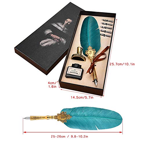 Quill Pen Feather Pen, Handmade Antique Calligraphy Pen Set, Writing Quill Pen with 5 Replacement Nibs & Empty Ink Bottle, Stationery Gift Come with Gift Box
