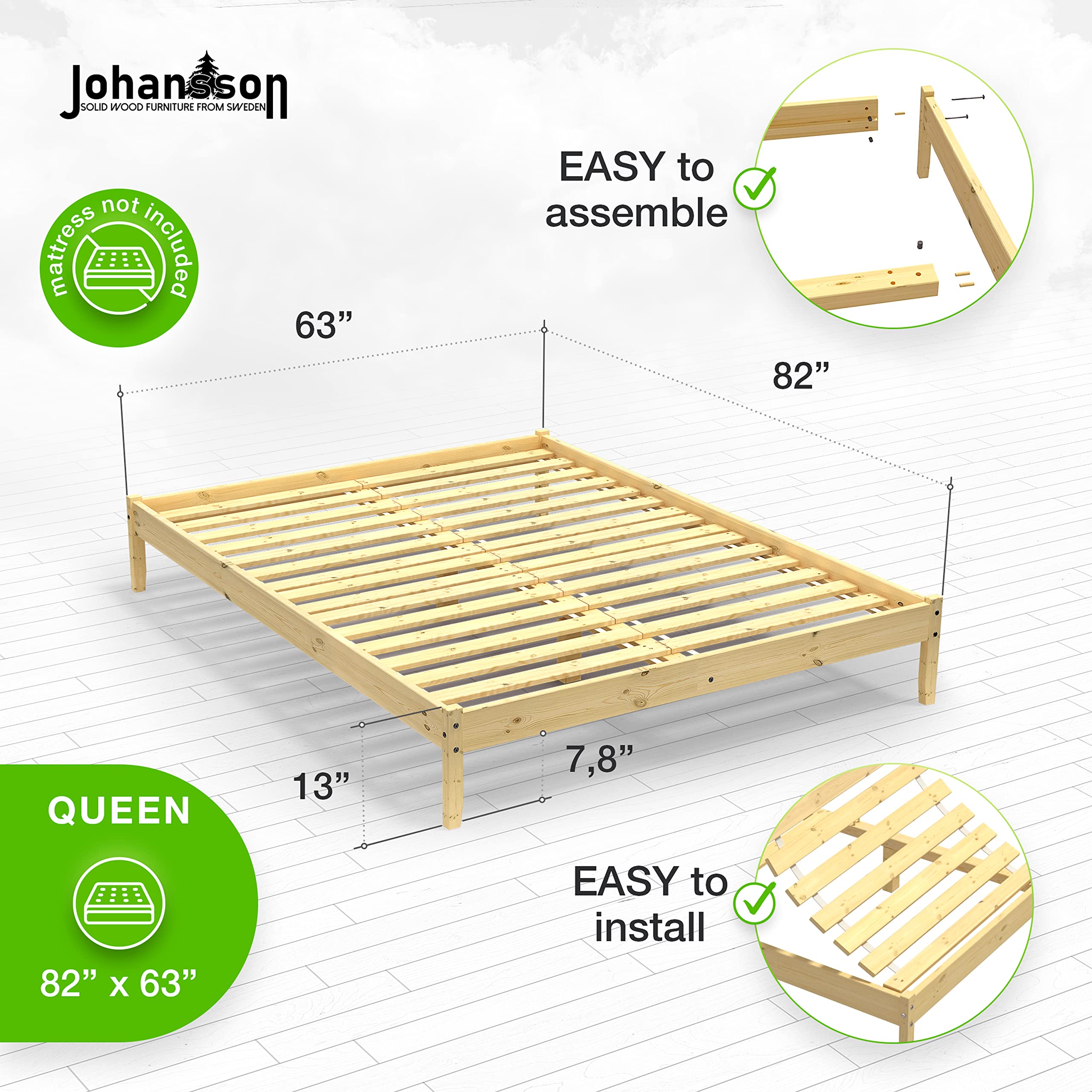 Queen Size Natural Solid Wood Platform Bed Frame Without Headboard β Foundation Bedframe | Easy Assembly Wooden Slats | No Box Spring Needed | Rustic Pine 60 x 80 β Springfield Collection