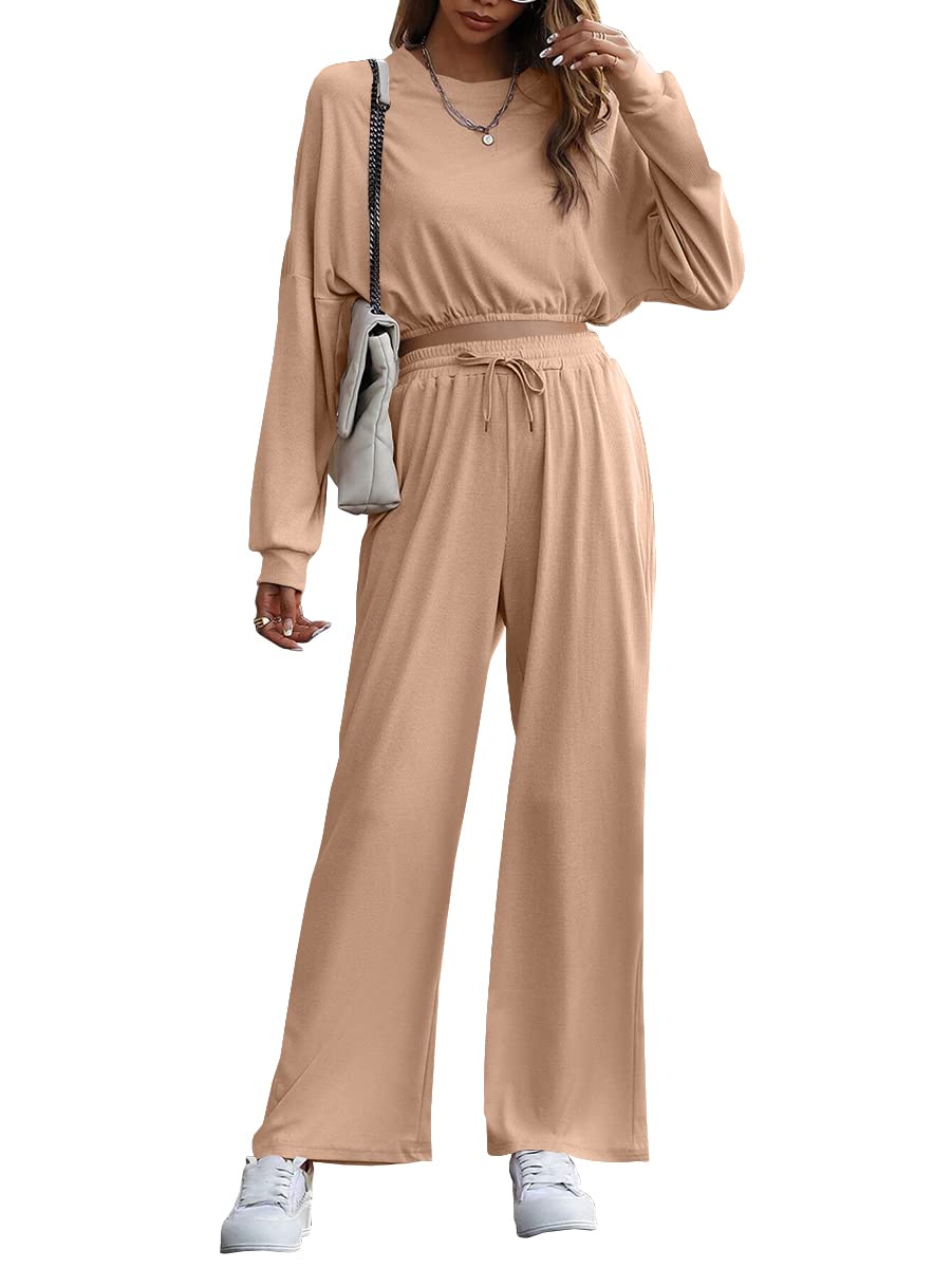 Wihion Women's 2 Piece Outfits Tracksuit Casual Long Sleeve Crop Tops and Wide Leg Pants Set Sweatsuit