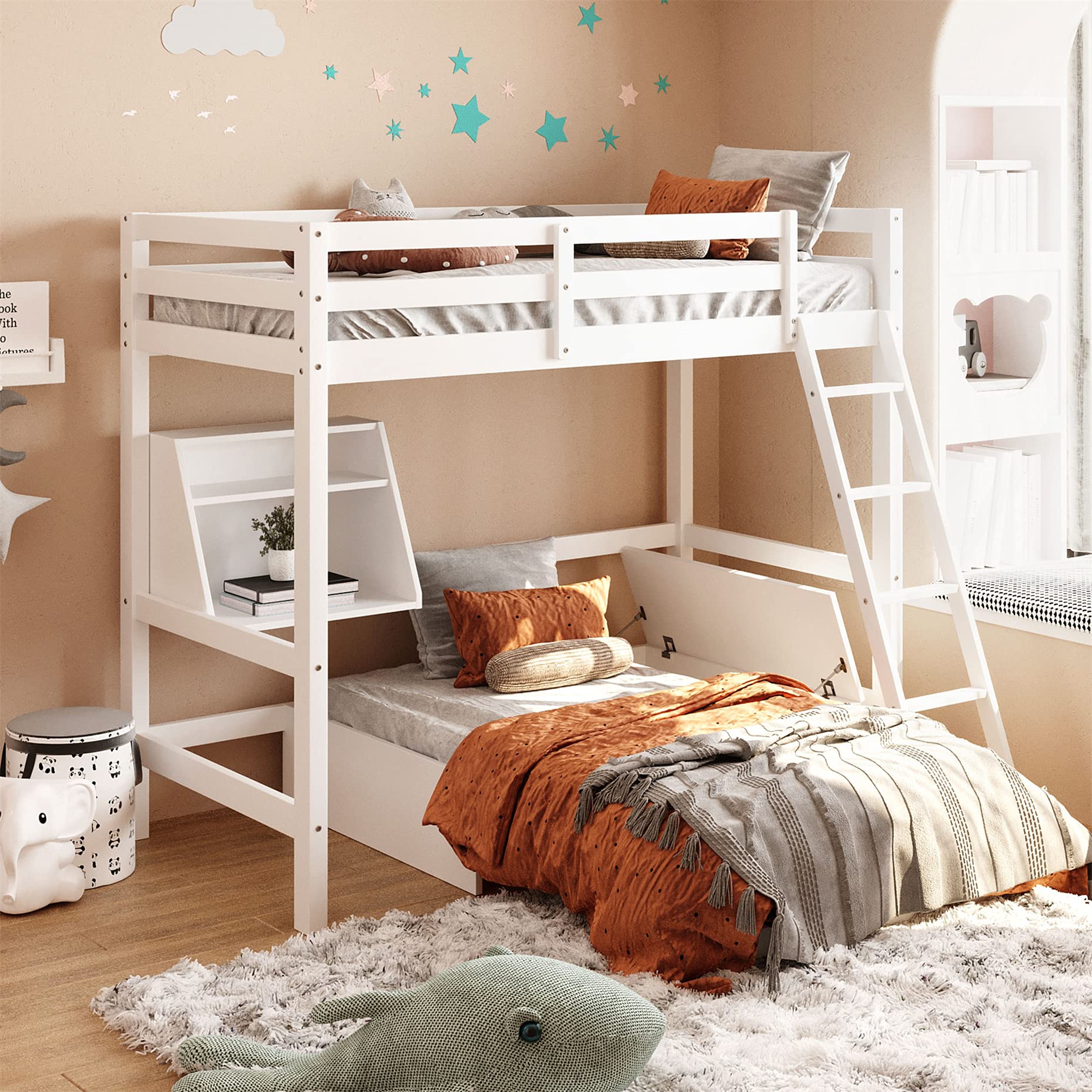 Twin Loft Bed with Storage Shelf Wood Loft Bed Frame with Convertible Lower Bed, Twin Size Loft Bed with Drawer and Ladder, Separated Loft Bed & Twin Platform Bed for Kids Teens Adults (White)