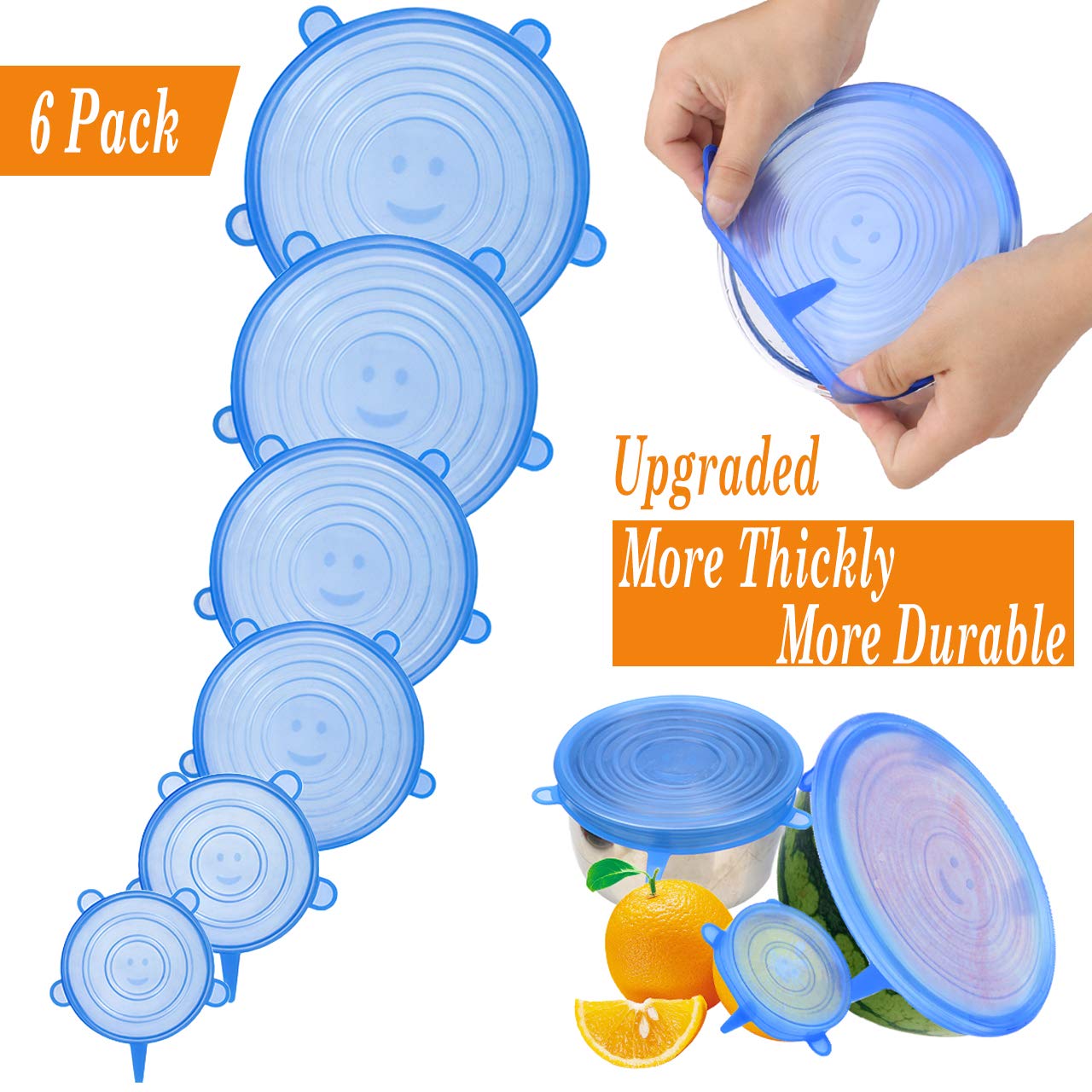 Silicone Stretch Lids Upgraded 6 Pack Various Sizes Rubber Stretchy Miracle Lid Reusable Elastic Bowl Cover for Food Storage Leftover Savers Fit Container Dish Cup (6, Blue)