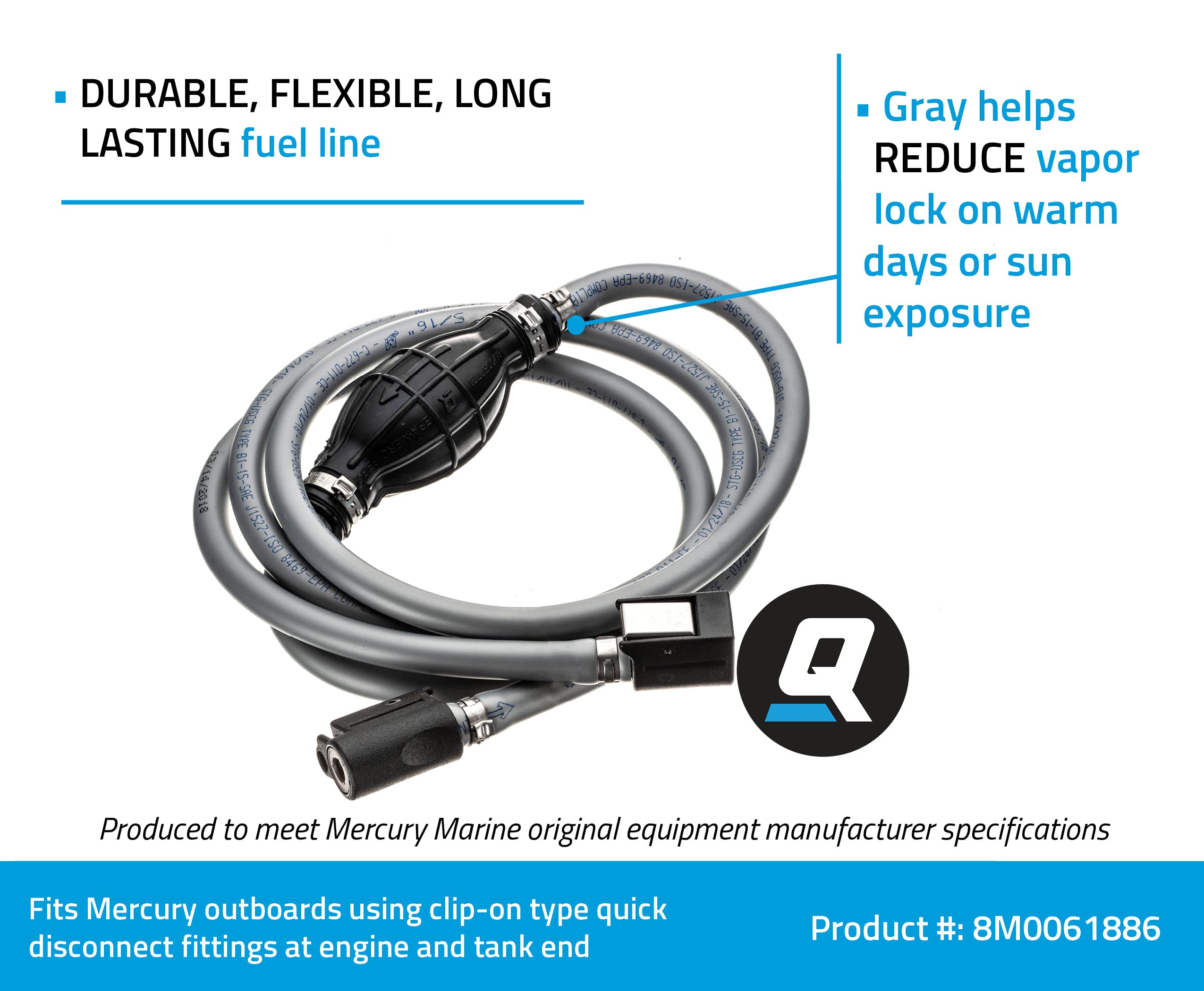 Quicksilver 8M0061886 Fuel Line Assembly - 8 Feet Long with Primer Bulb