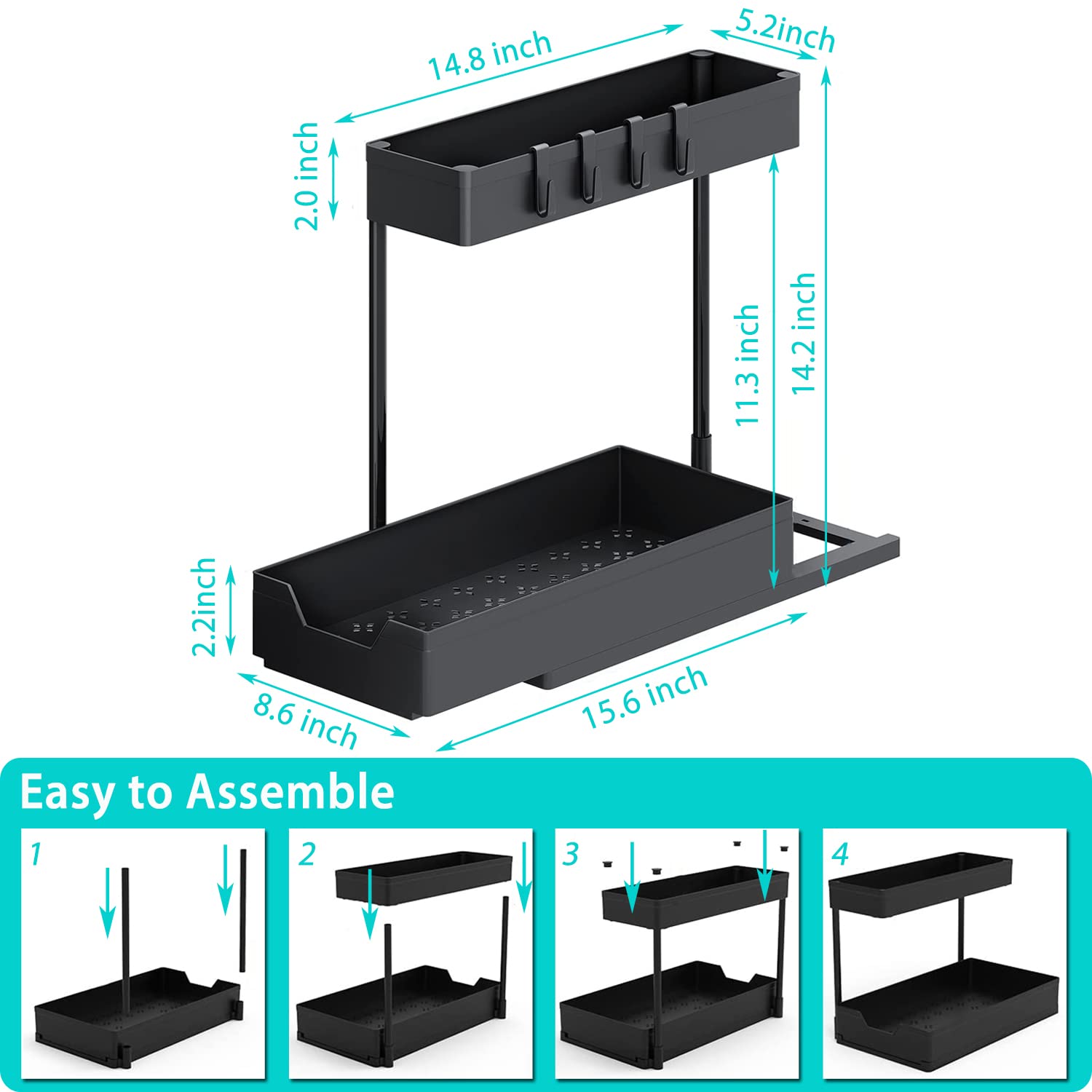 Under Sink Organizers and Storage 2 Packs, 2 Tier Pull Out Cabinet Organizer L-shaped, Sliding Under Bathroom Kitchen Sink Shelf, Multi-Purpose Organization and Storage for Bathroom Kitchen Cabinet