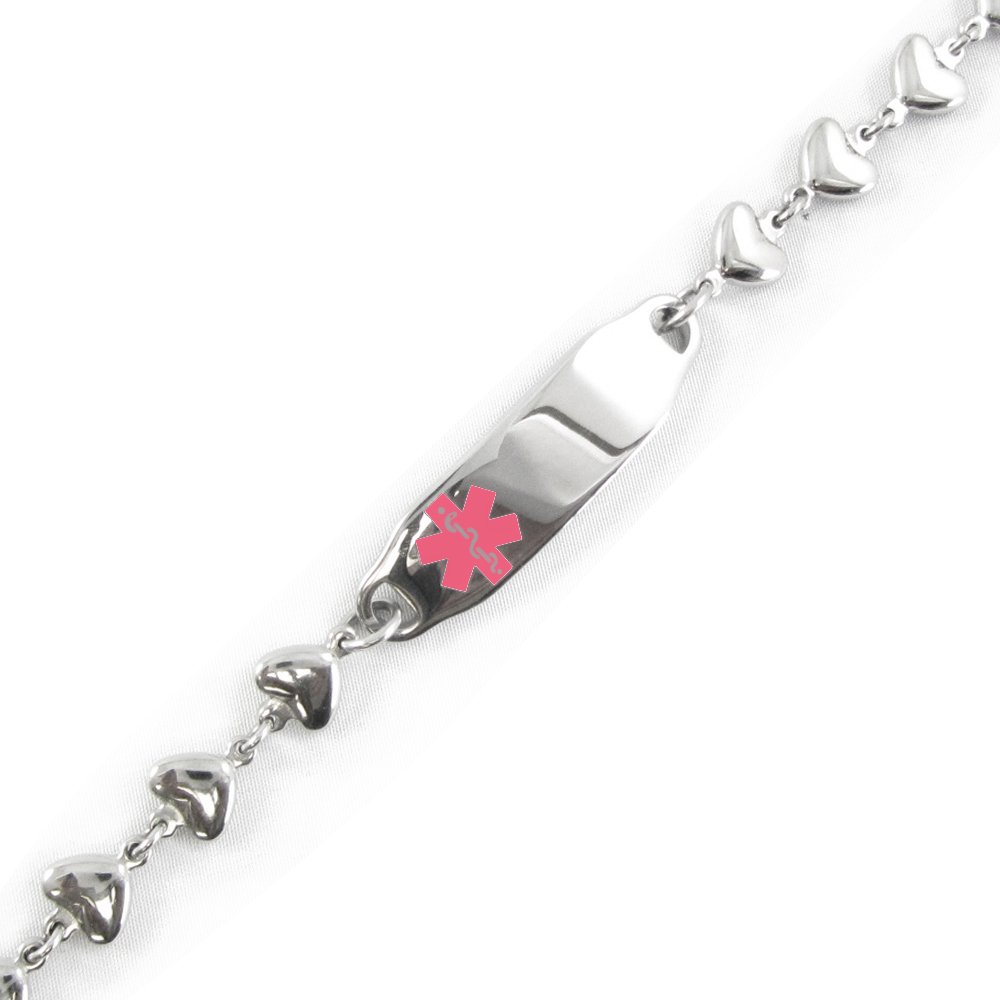 My Identity Doctor - Pre-Engraved & Customized Ladies Diabetes Type II Medical Bracelet, Heart Chain Pink