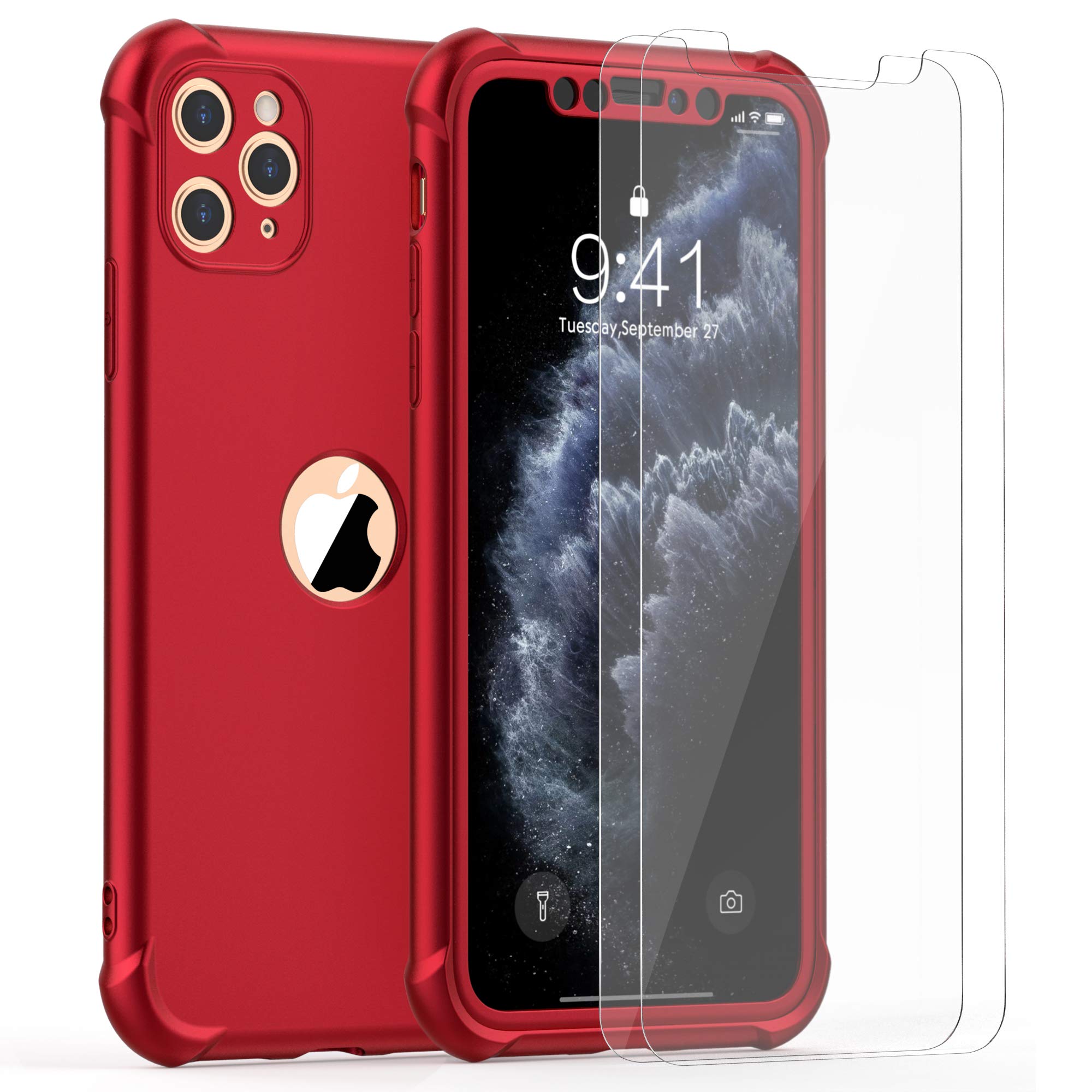 ORETECH iPhone 11 Pro Max Case, 360 Full Body Protection [2 x Tempered Glass Screen Protector], Hard PC & Soft Rubber Silicone Cover - 6.5" Red