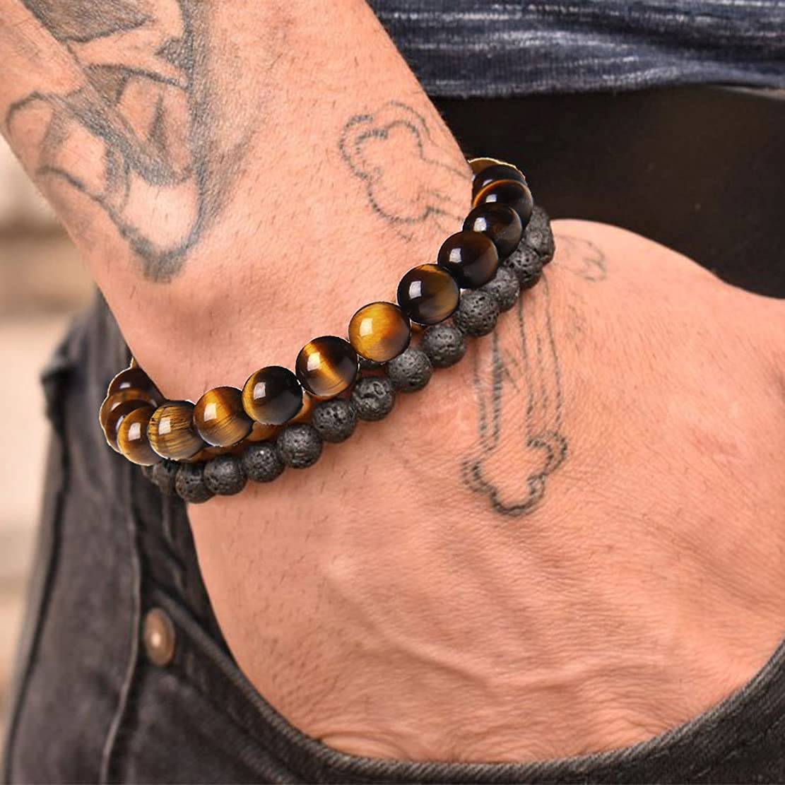 WAINIS 10 Pcs 8mm Stone Semi-Precious Gemstones Beaded Bracelets for Men Women Crystal Stretch Beaded Bracelet Unisex