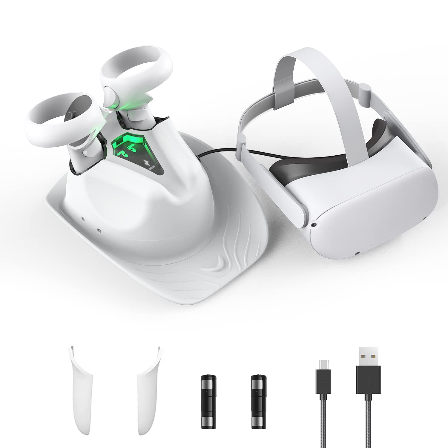 VR Charging Dock Station for Quest 2/Meta Quest 2,Concurrently Charging for Headset and Touch Controllers,Charging Stand with LED Light and 2 Rechargeable Batteries(White)