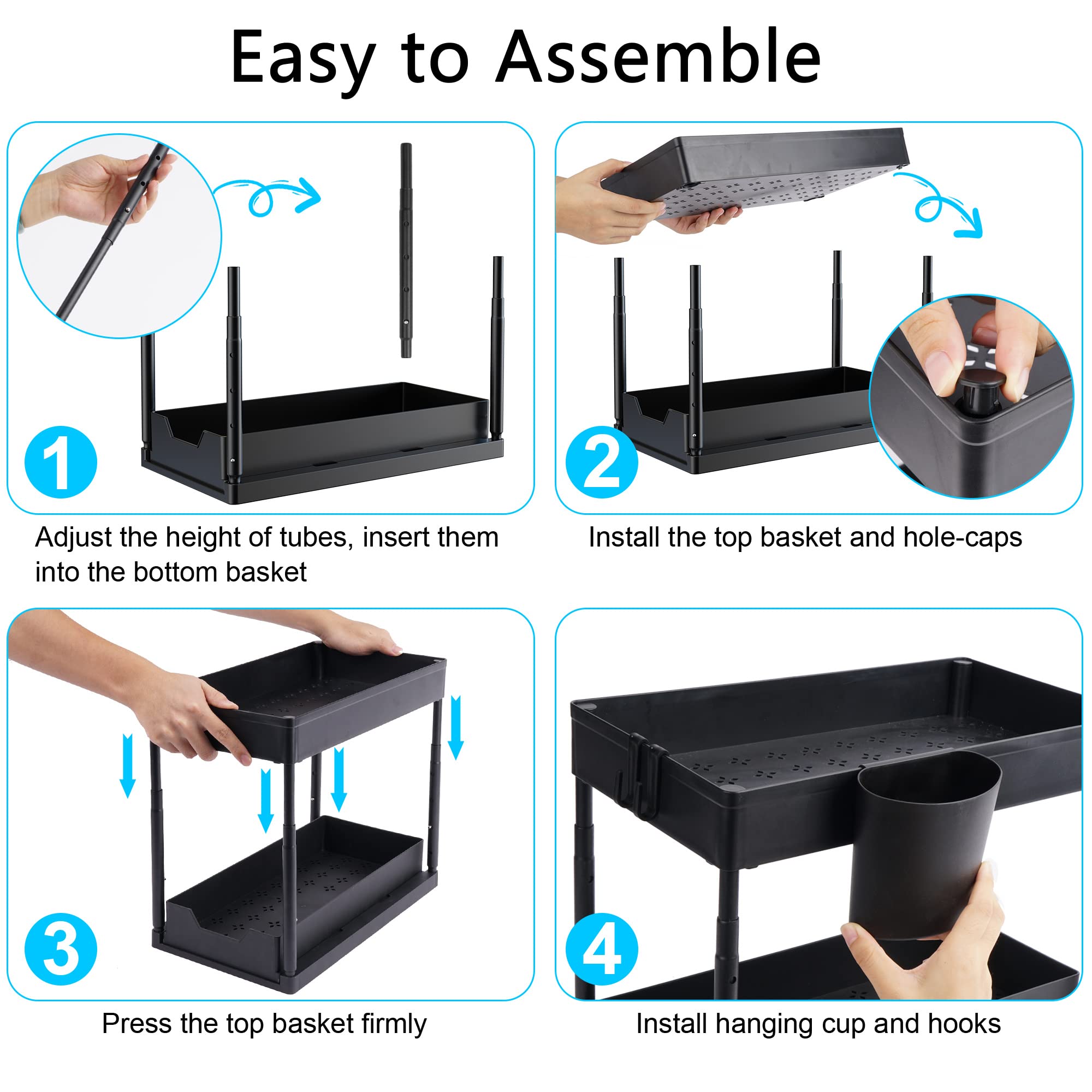 Under Sink Organizers and Storage - Adjustable Height Sliding 2-Tier Pull Out Drawer Rack Multi-Purpose Under Sink Shelf Organizer for Kitchen Bathroom Under Counter Cabinet Storage (Black-2pcs)