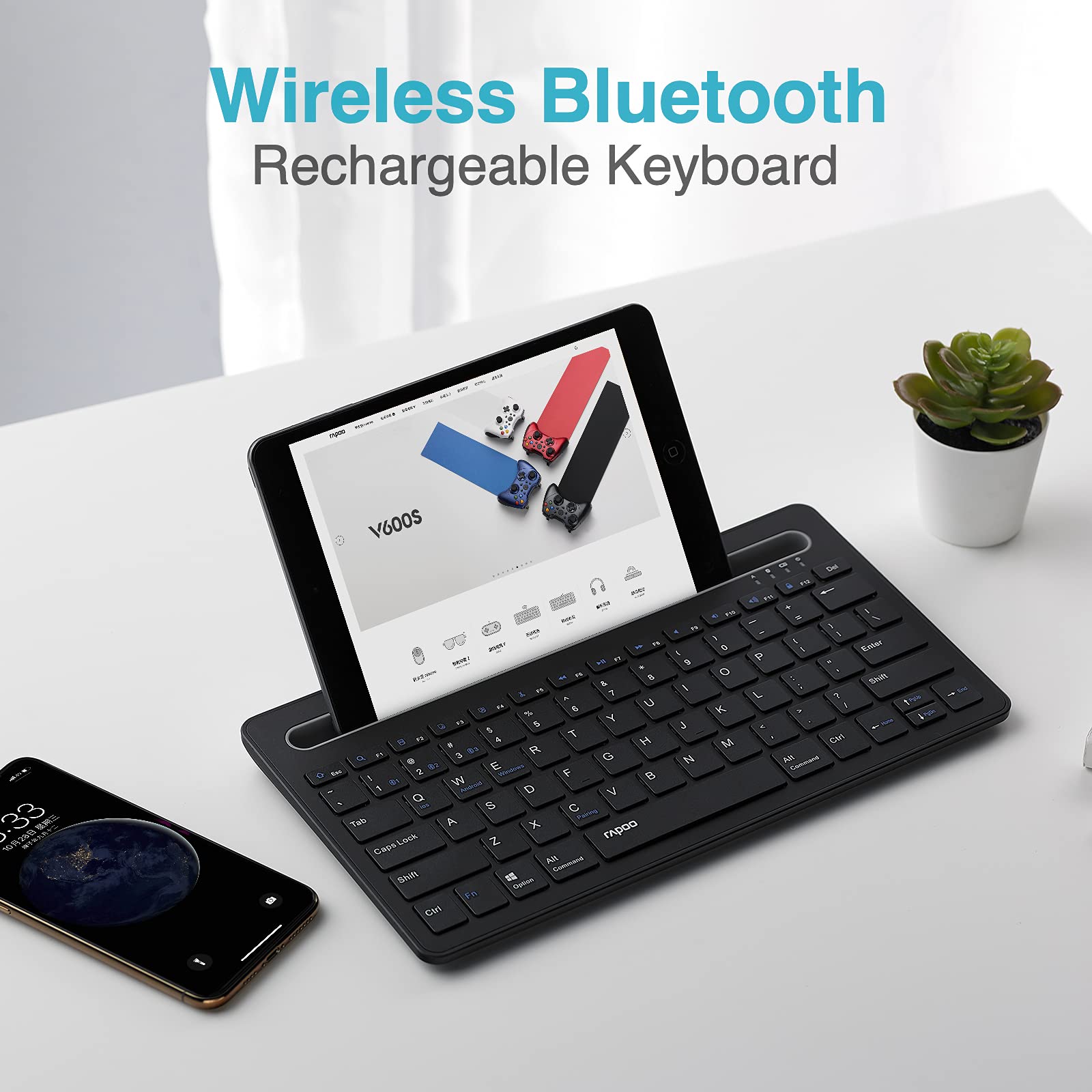 Rapoo XK100 Multi-Device Bluetooth Keyboard with Integrated Stand Rechargeable Portable, Connect Upto 3 Devices for Tablet Cellphone PC Smart TV, Compatible with Windows 7/8/10/XP Vista Linux Mac