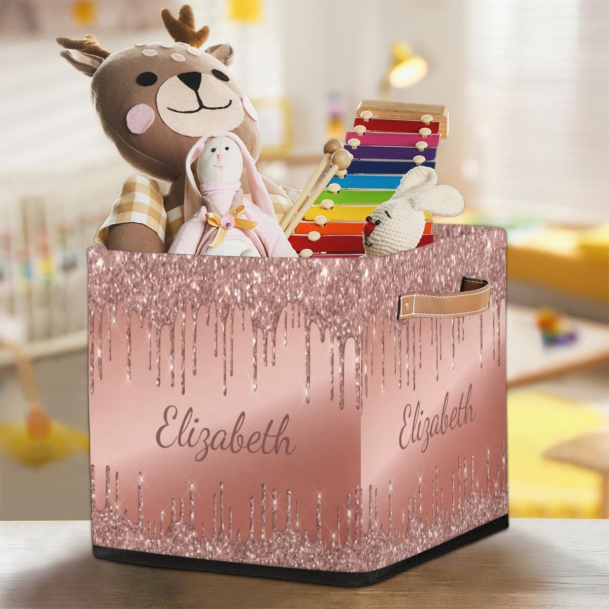 RIRIX Personalized Storage Bin, Custom Storage Baskets for Organizing with Handles, Foldable Storage Box for Closet Cloth Baskes Toy Rose Gold Dripping Glitter