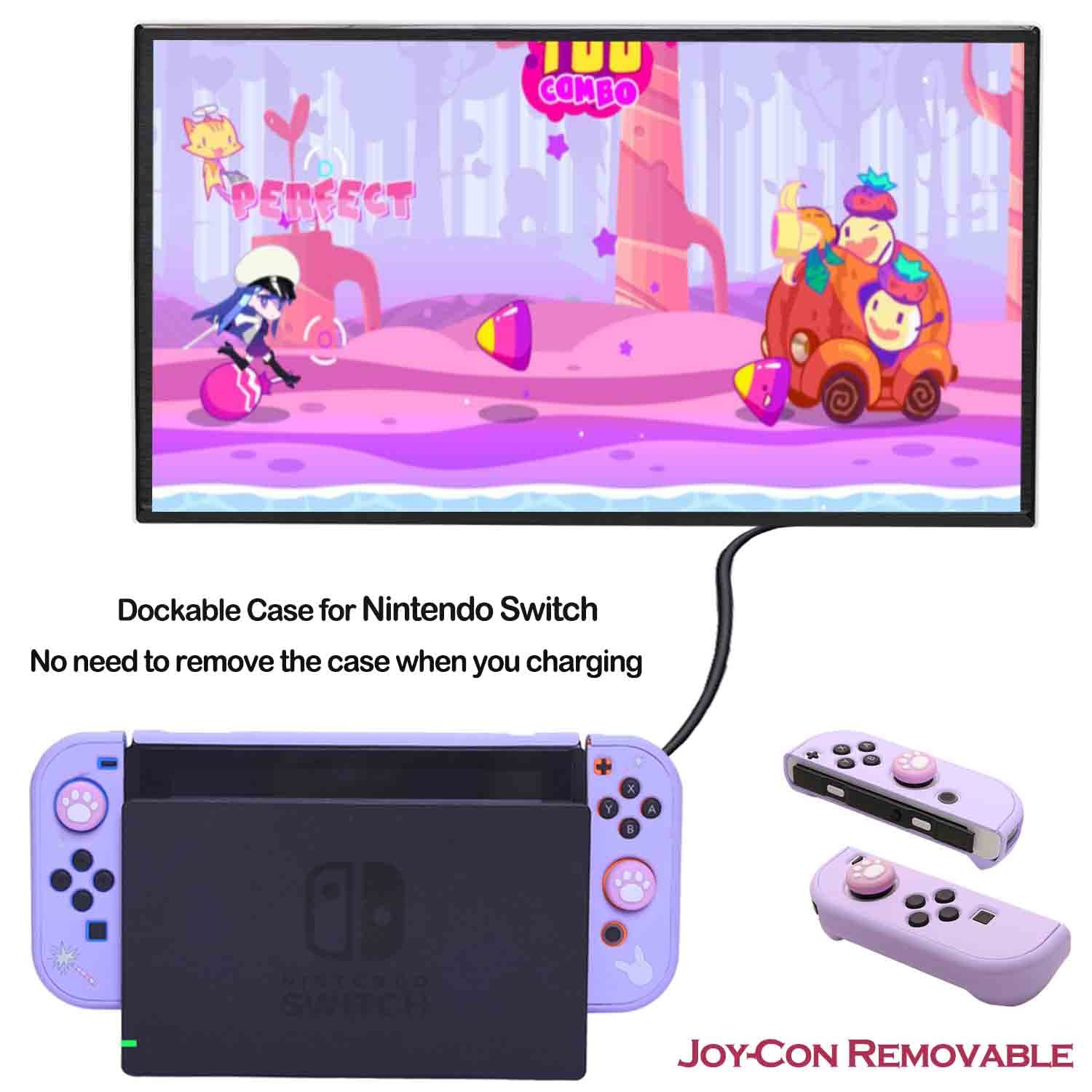 YOOWA Cute Switch Carrying Case for Nintendo Switch - Purple 4 in 1 NS Carry Case Bundle for Girls with Dockable Cover Case, Game Card Case and Kawaii Playstand - Accessories Set for Nintnedo Switch