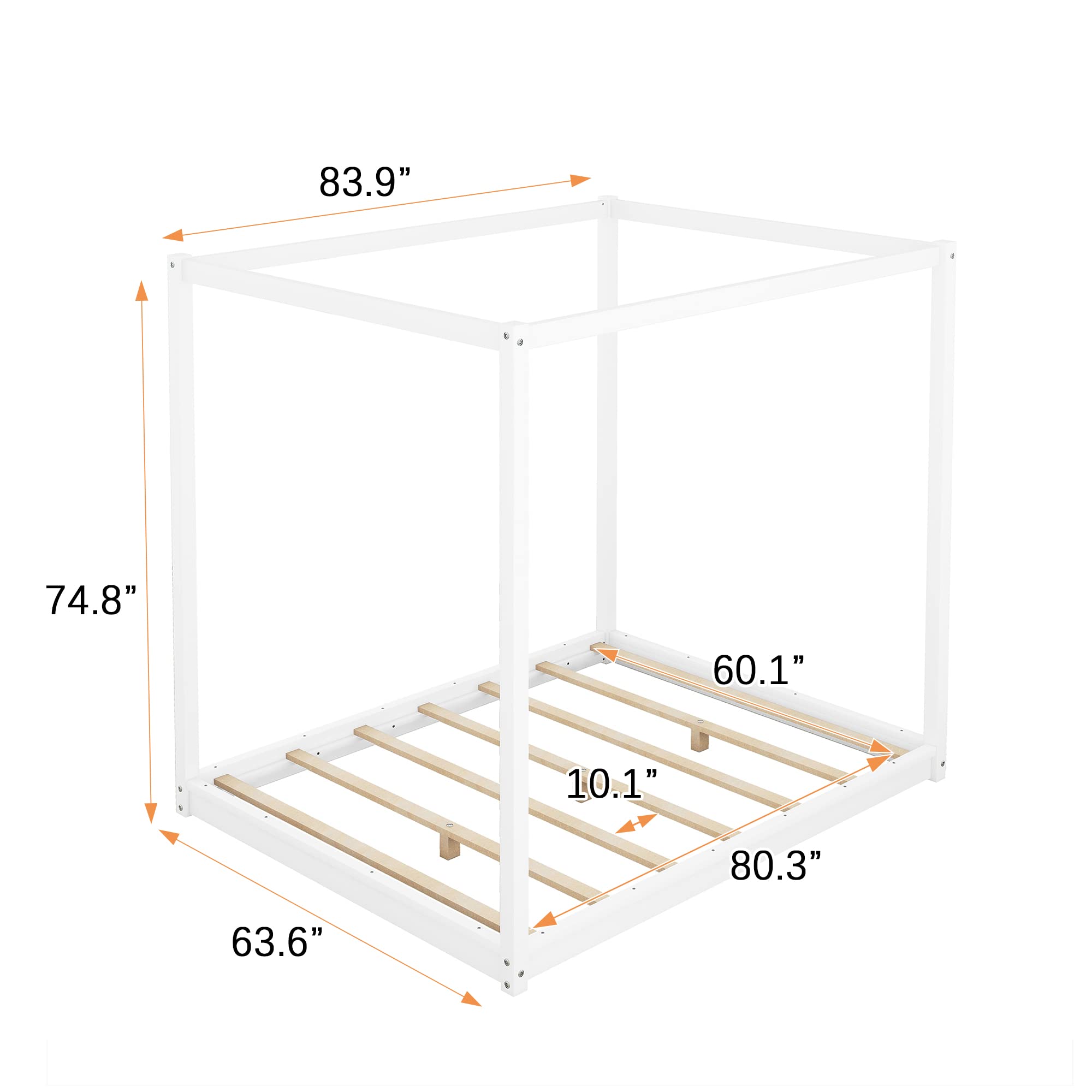 Prohon King Canopy Bed without Headboard, Montessori Floor Bed Wooden Canopy Bed Frame, King Size Platform Bed for Kids, Teen, Adults, No Box Spring Needed, Easy to Install, White