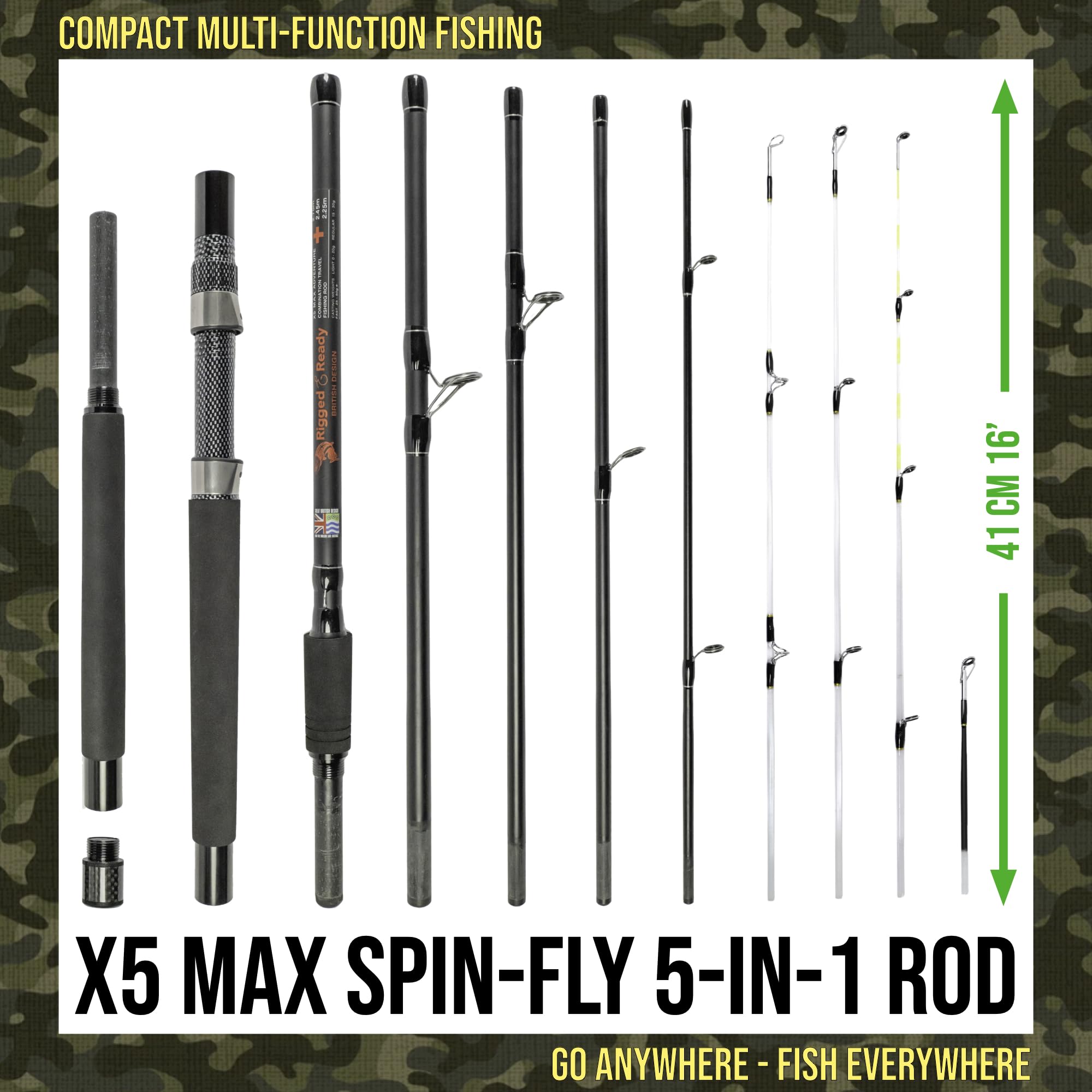 Rigged and Ready X5 MAX Powerful Travel Fishing Rod Super Compact, Multi-Functional Travel Rod. 1 Rod 9 Combinations. 2.70m (8.9β), 2.45m (8β), 2.25m (7.4β) Lengths. Compact 43cm 16.5β Carry Case.