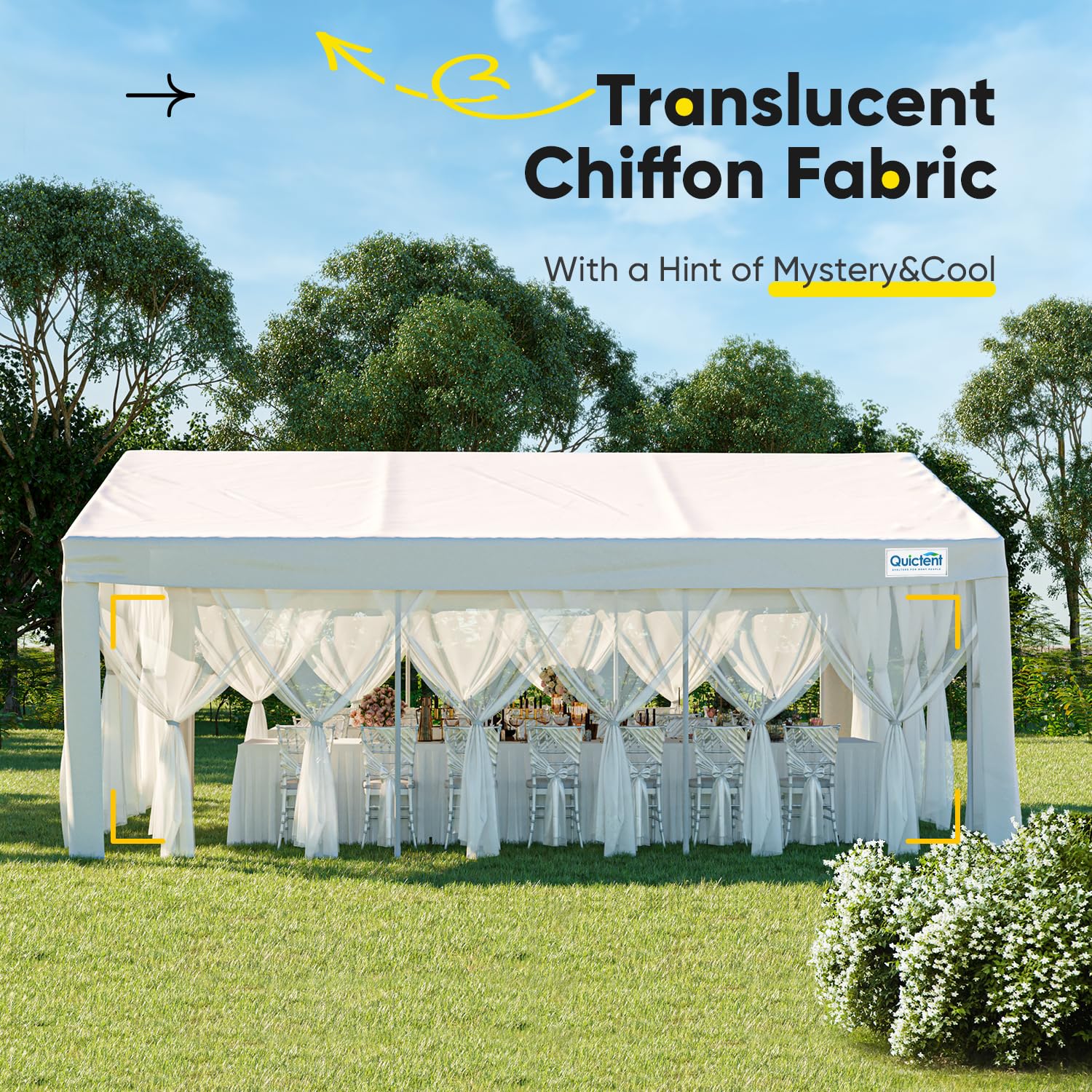 Quictent 20x20 Party Tent White Draping Mesh Side Chiffon Wedding Tent Canopy Outdoor Screen Heavy Duty Upgrade Event Shelter with Netting Gazebo All Classic Style Washable Sides