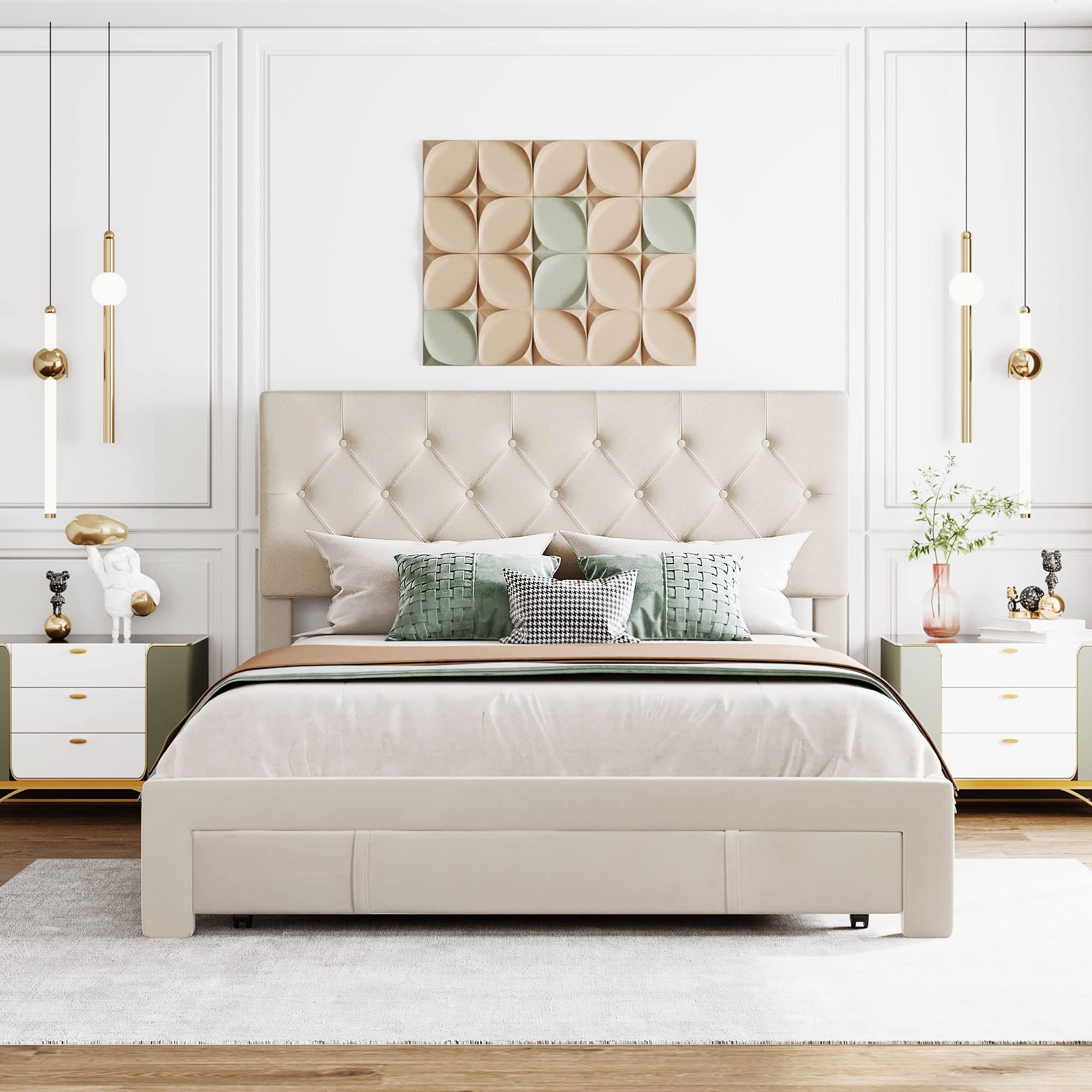 Prohon Queen Size Platform Bed Velvet Upholstered Bed Frame with Drawer, No Box Spring Needed, Bed Frame for Kids, Teen, Adults