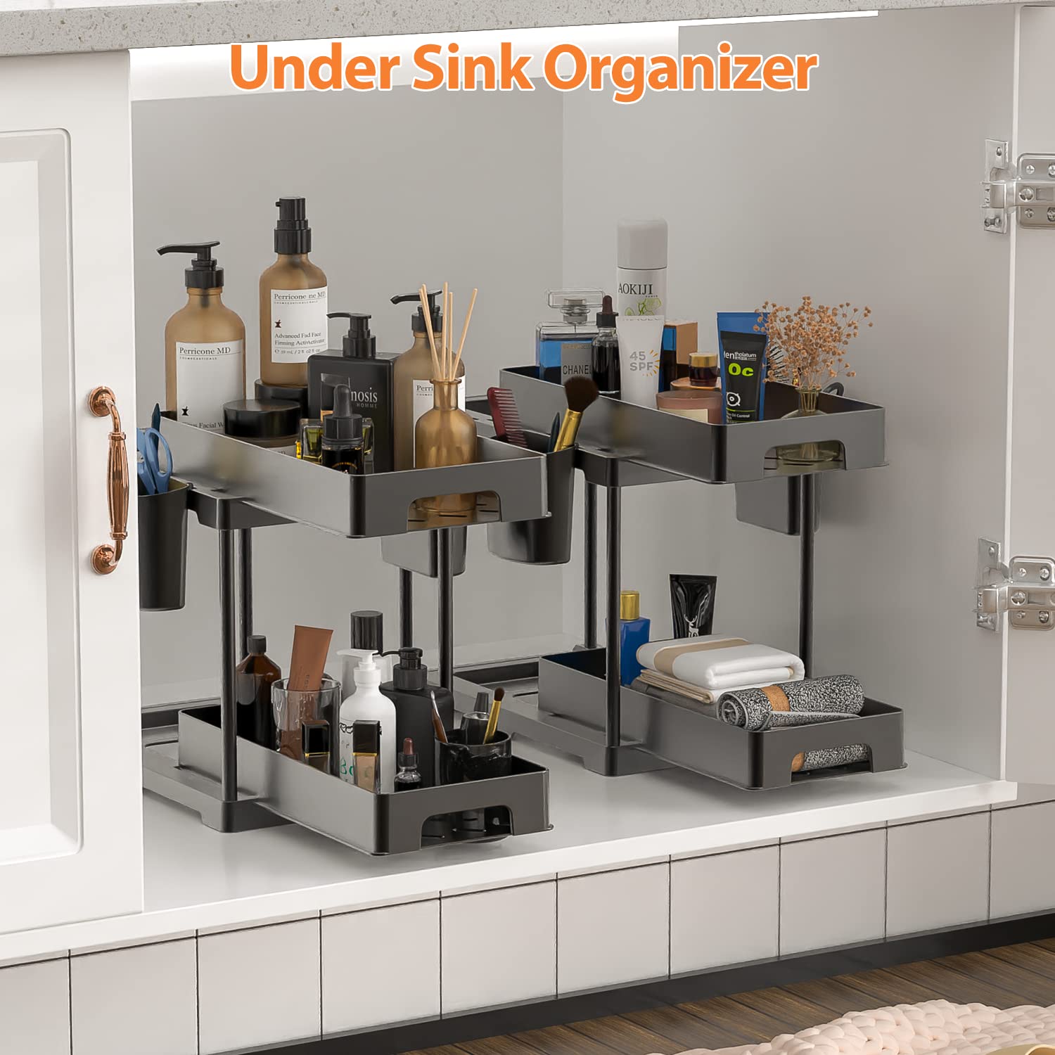 Warmodern 2 Pack Double Sliding Bathroom Cabinet Organizer, 2 Tier Under Sink Organizers And Storage, Bathroom Sink Organizer Baskets with 8 Hooks and 4 Hanging Cups, Under Sink Storage for Kitchen