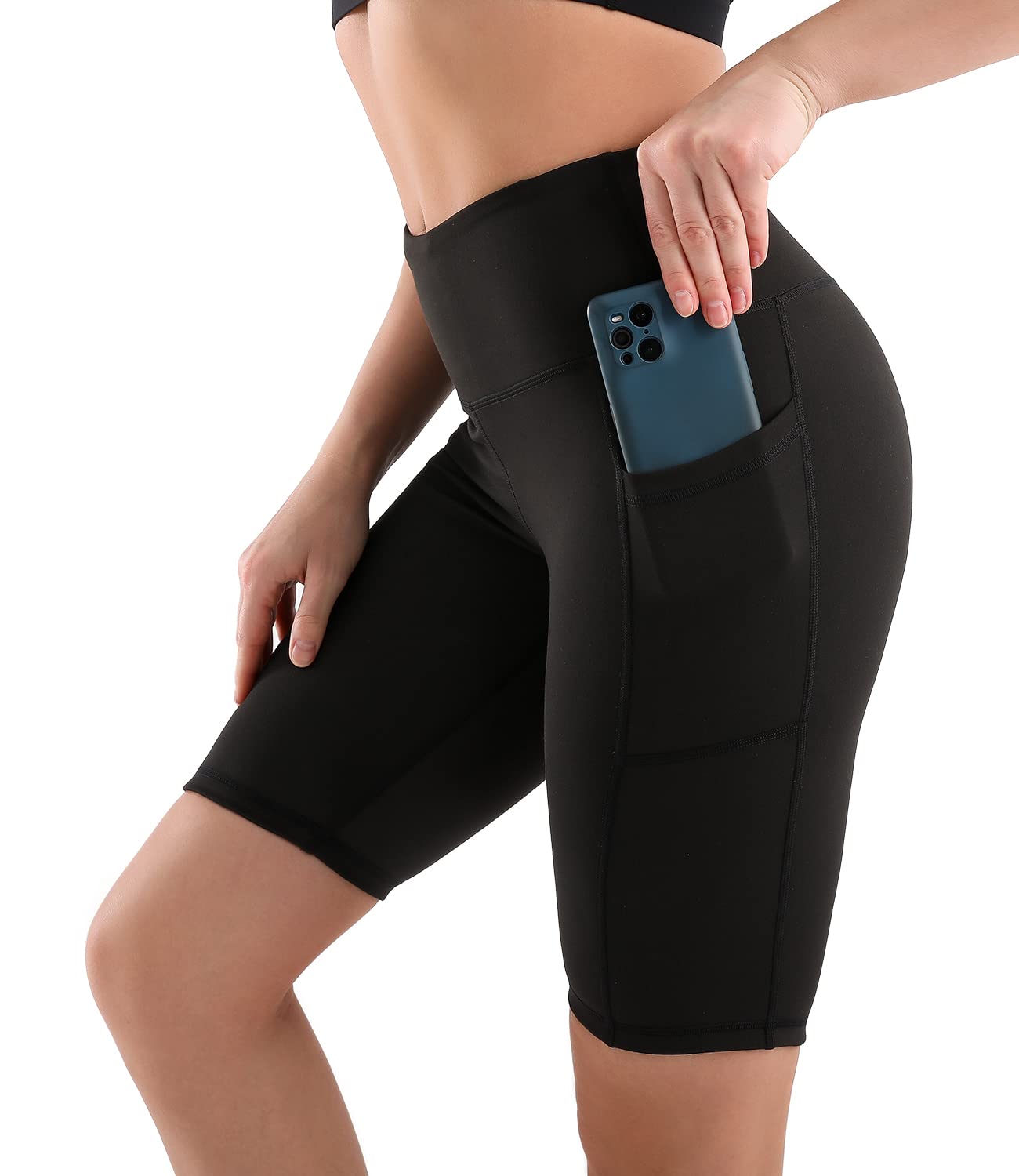 TreeWeek Yoga Workout Shorts with Pockets for Women High Waisted Tummy Control Butt Lifting Short Tights Light Weight Exercise Biker Cycling Pants(Black,S)