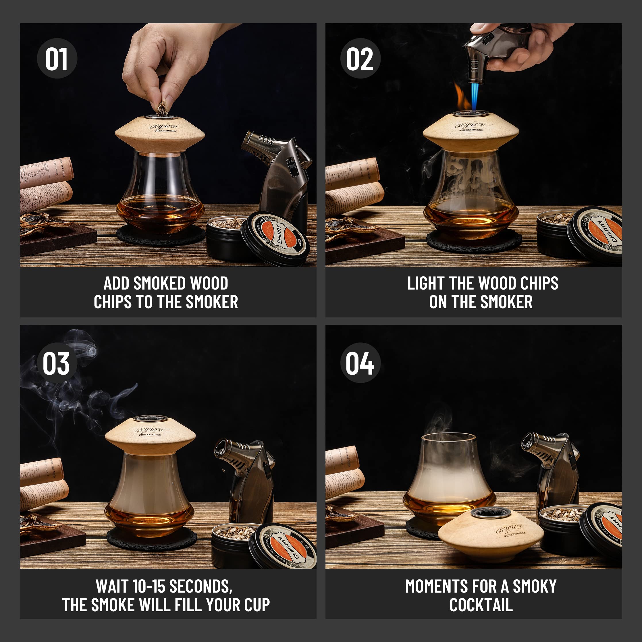 Old Fashioned Smoker Kit, Whiskey/BourbonWhiskey/Cocktail Smoker Kit with Torch and Wood Chips, Ideal Gift for Friends, Husband, Dad (No Butane)
