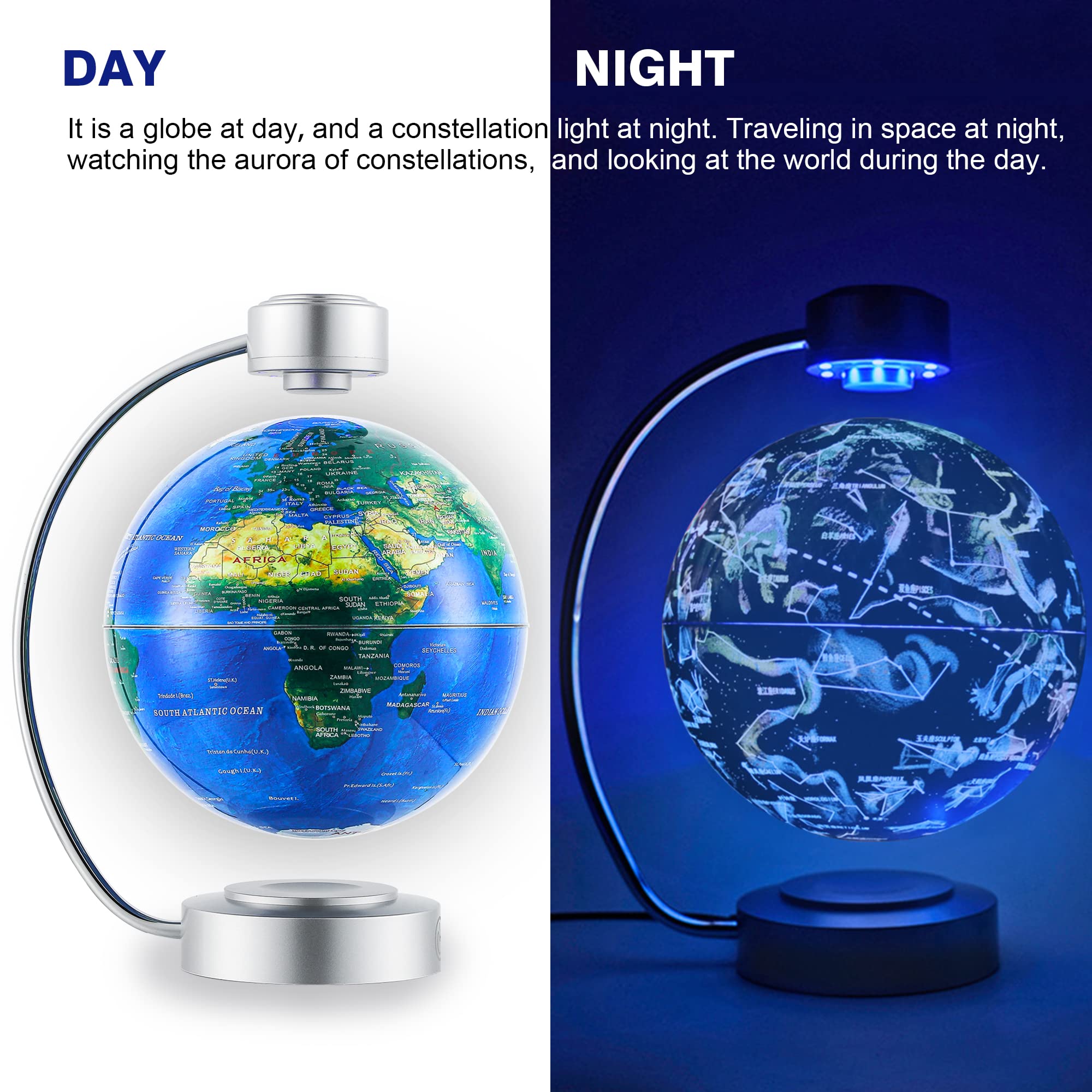 Spolehli Magnetic Levitation Globe, 8 Inch Floating Constellation Globe with LED Lights, World Map Globe at Day Constellation Light at Night, Good Gifts for Students Teachers Birthday Gift Present