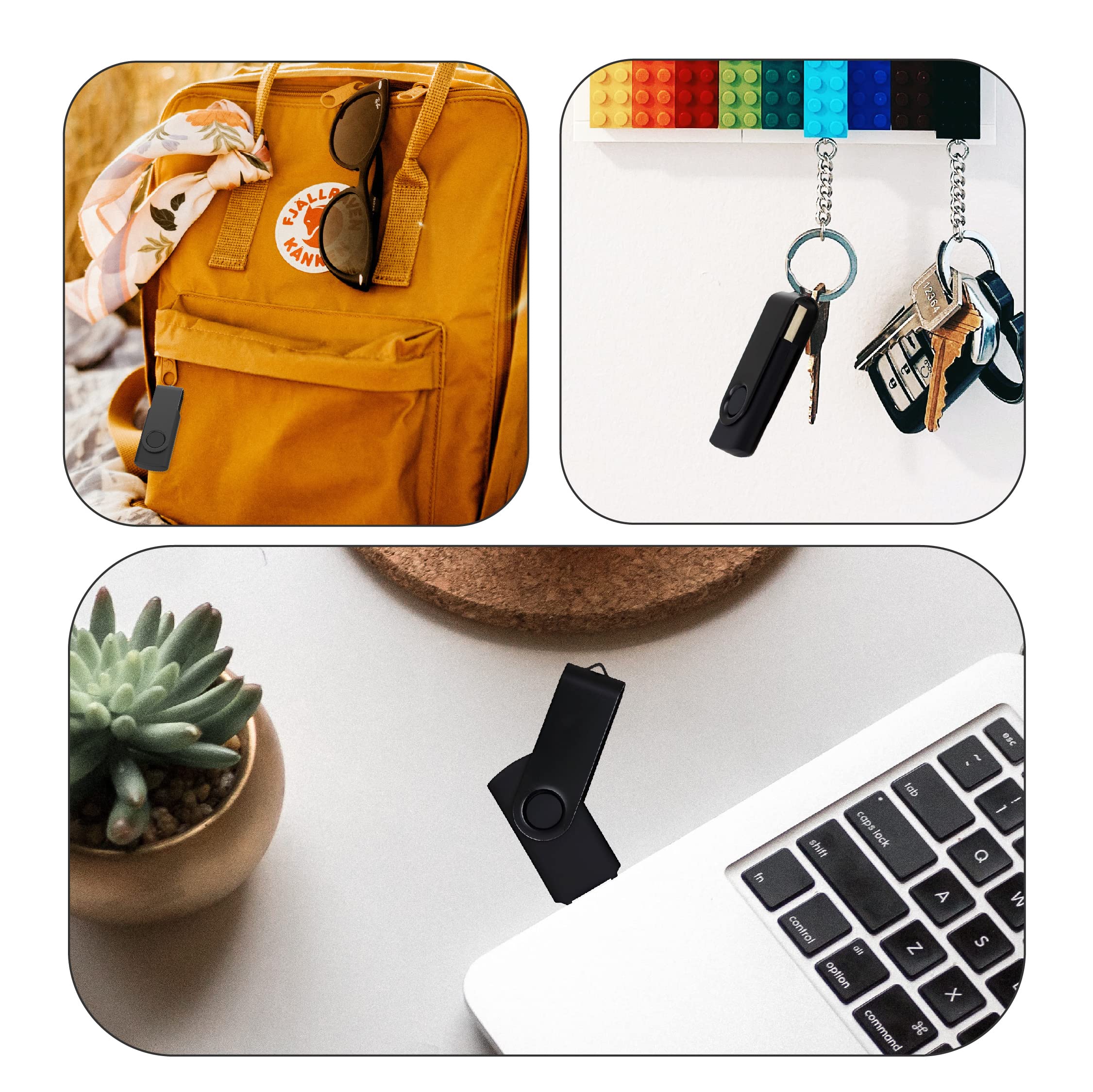 Vixelle 3 Pack 64GB High Speed USB 3.0 Flash Drive – Stylish All-Black 360° Metal Swivel USB Memory Sticks with Keychain Loop – Portable USB Pen Drive Bulk Pack for PC, Mac, TV, Car Audio, Video