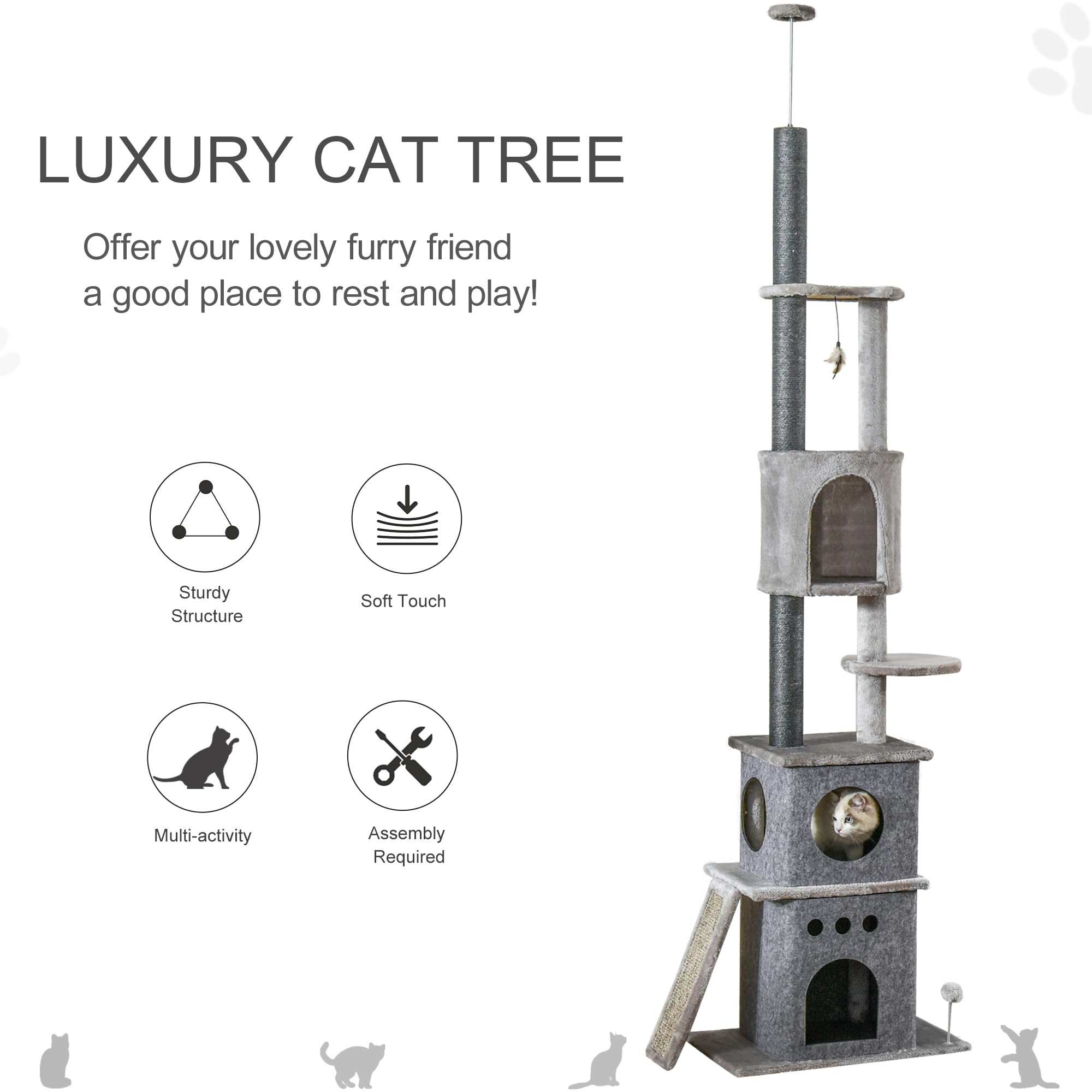 PawHut 100" Cat Climbing Tree Adjustable Kitty Activity Center Floor-to-Ceiling Cat Climber Toy with Scratching Post Play Double Condo Rest Post Pet Furniture Light Grey
