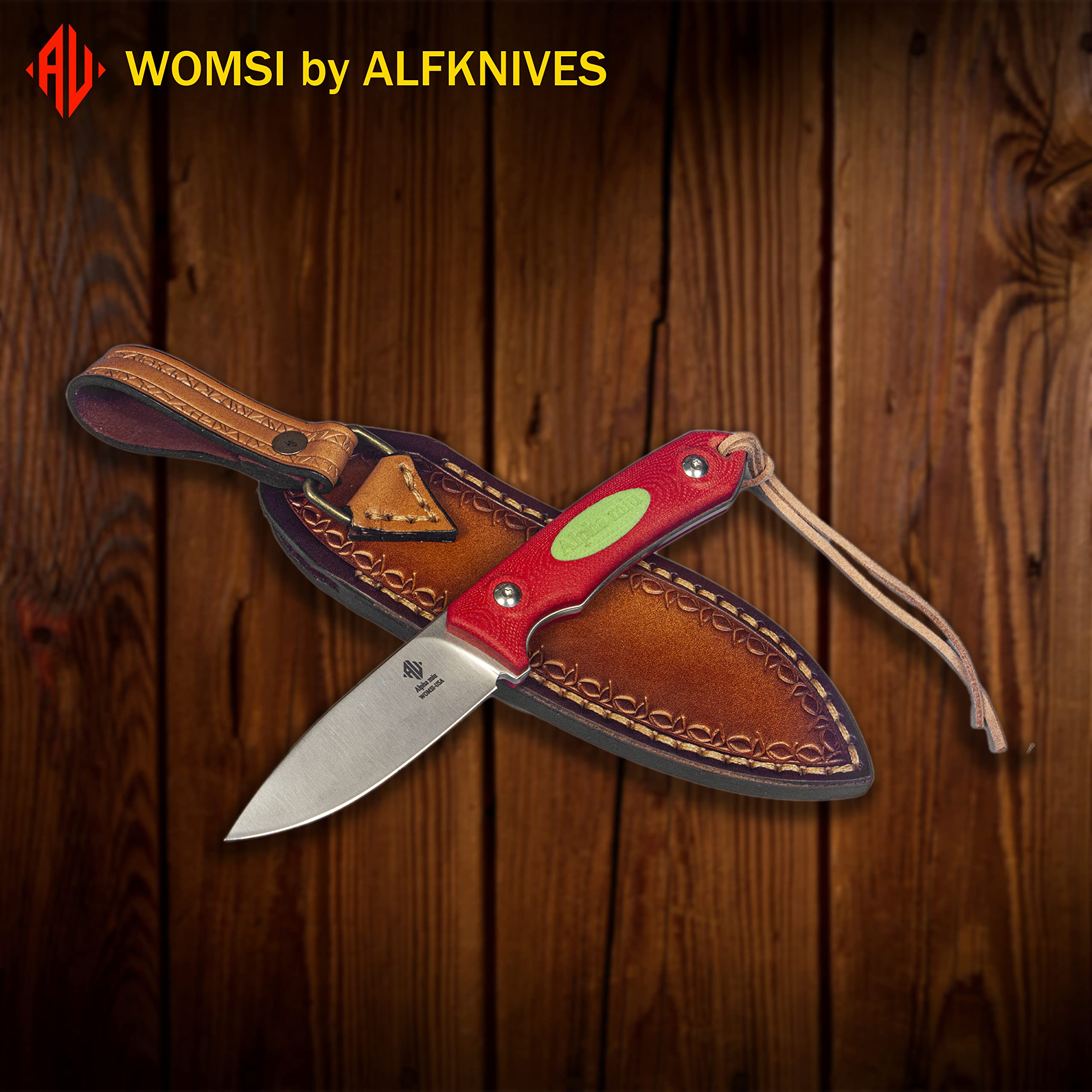 WOMSI Hunting Knife,Full Tang 6.57",DPS15-S Power Steel Blade,Sonorous&durable G10 Handle with Leather Sheath(Red)