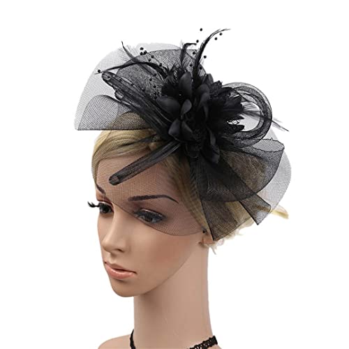 Women Feather Mesh Floral Headband Hair Clip Accessories Band Cocktail Party Hat Wedding Bride Accessories Orange One Size