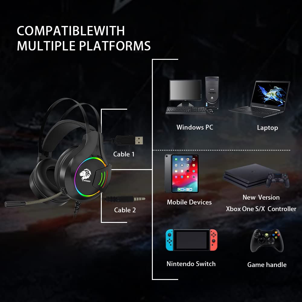 RAFIKI Gaming Headset with Microphone for PS4, PS5, Laptop, PC,Mobile Phone,7.1 Surround Sound Headphones,Memory Foam Ear Pads LED Lights, Self-Adjusting Over Ear Headset
