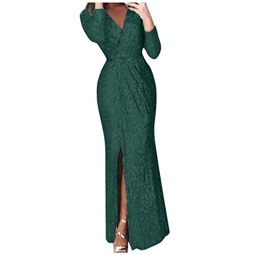 Women Glitter Maxi Dress Long Sleeve High Waist Wrap V-Neck Split Zipper Elegant Evening Dress Green