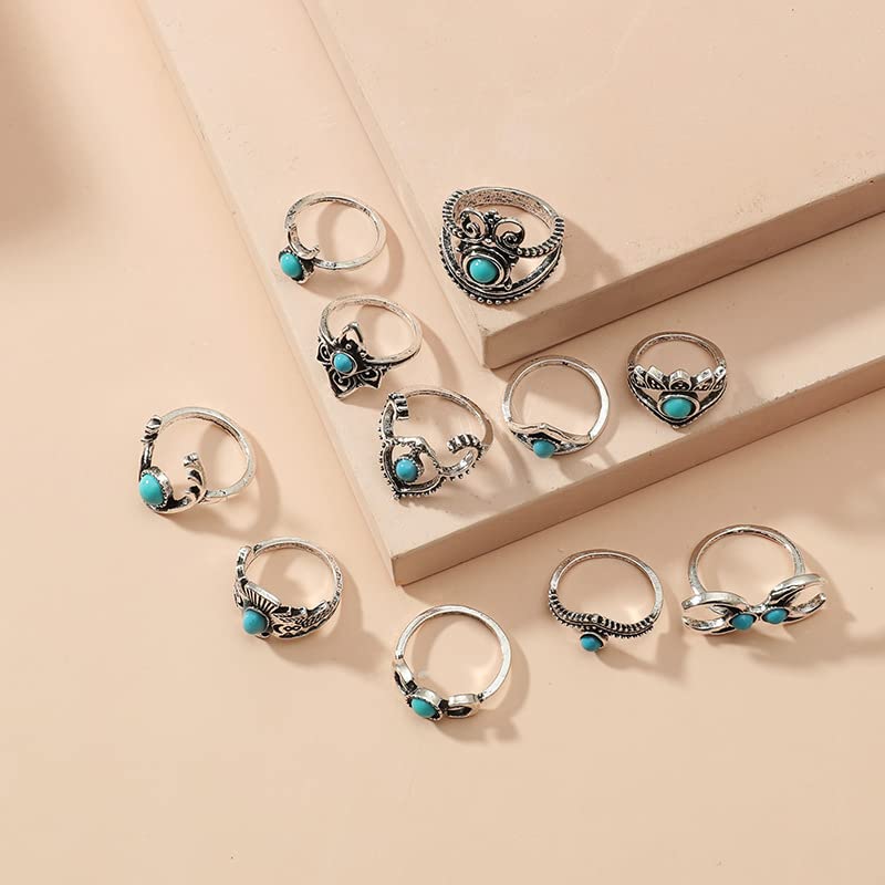 Western Turquoise Rings Set for Women Vintage Joint Knuckle Rings Bohemian Opal Stackable Rings Midi Stacking Rings for Holiday Gifts